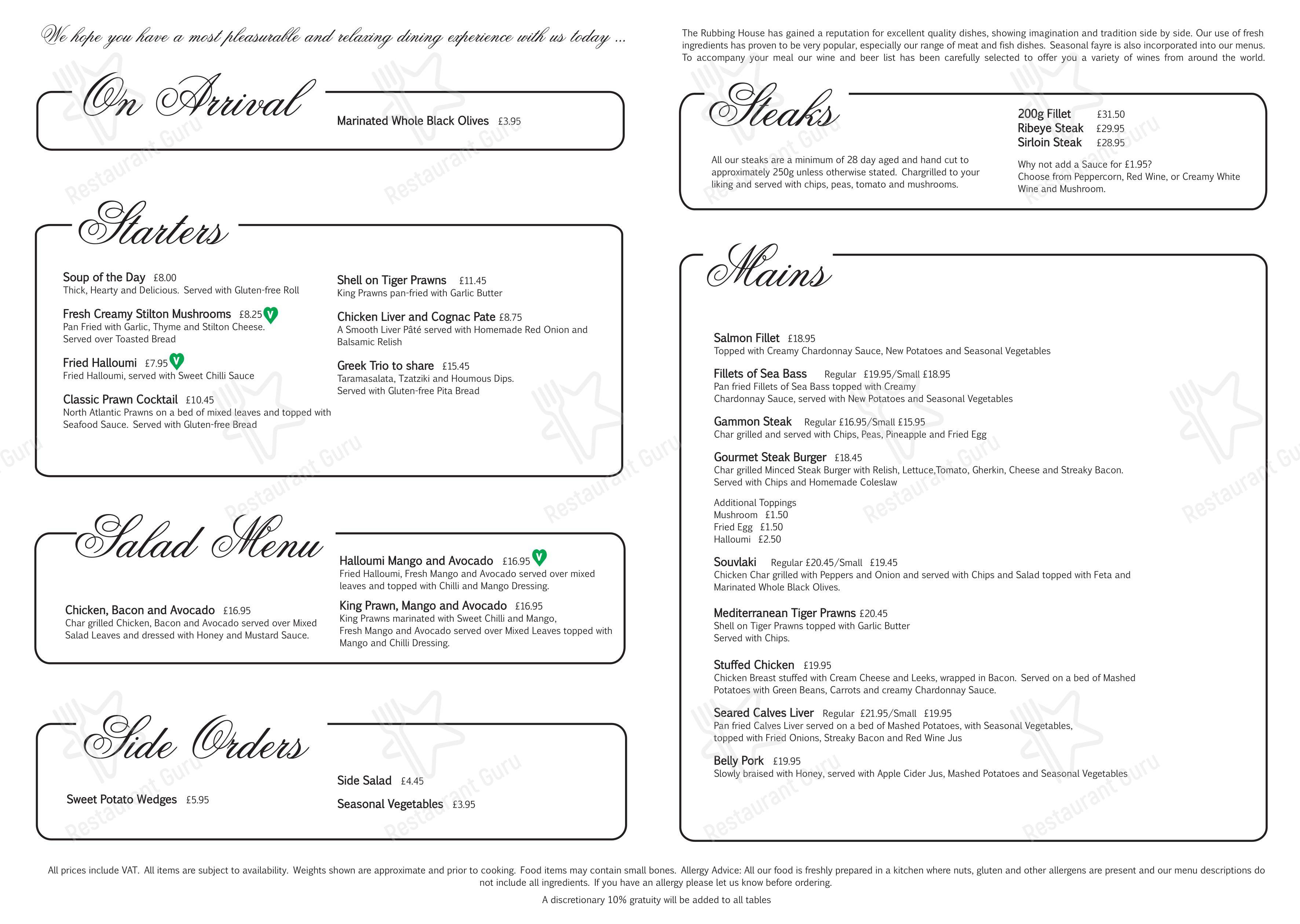 Menu at Rubbing House pub & bar, Epsom
