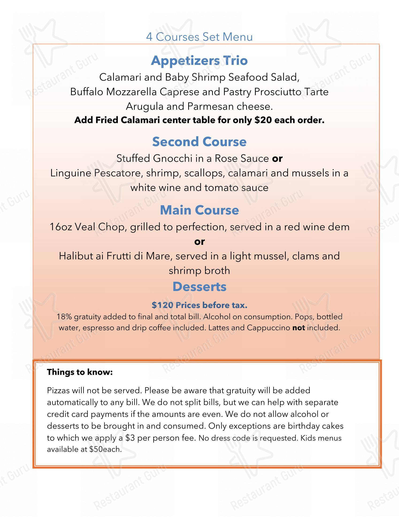 Menu at Sapore by Zafferano restaurant, Vaughan, Ontario Hwy 27