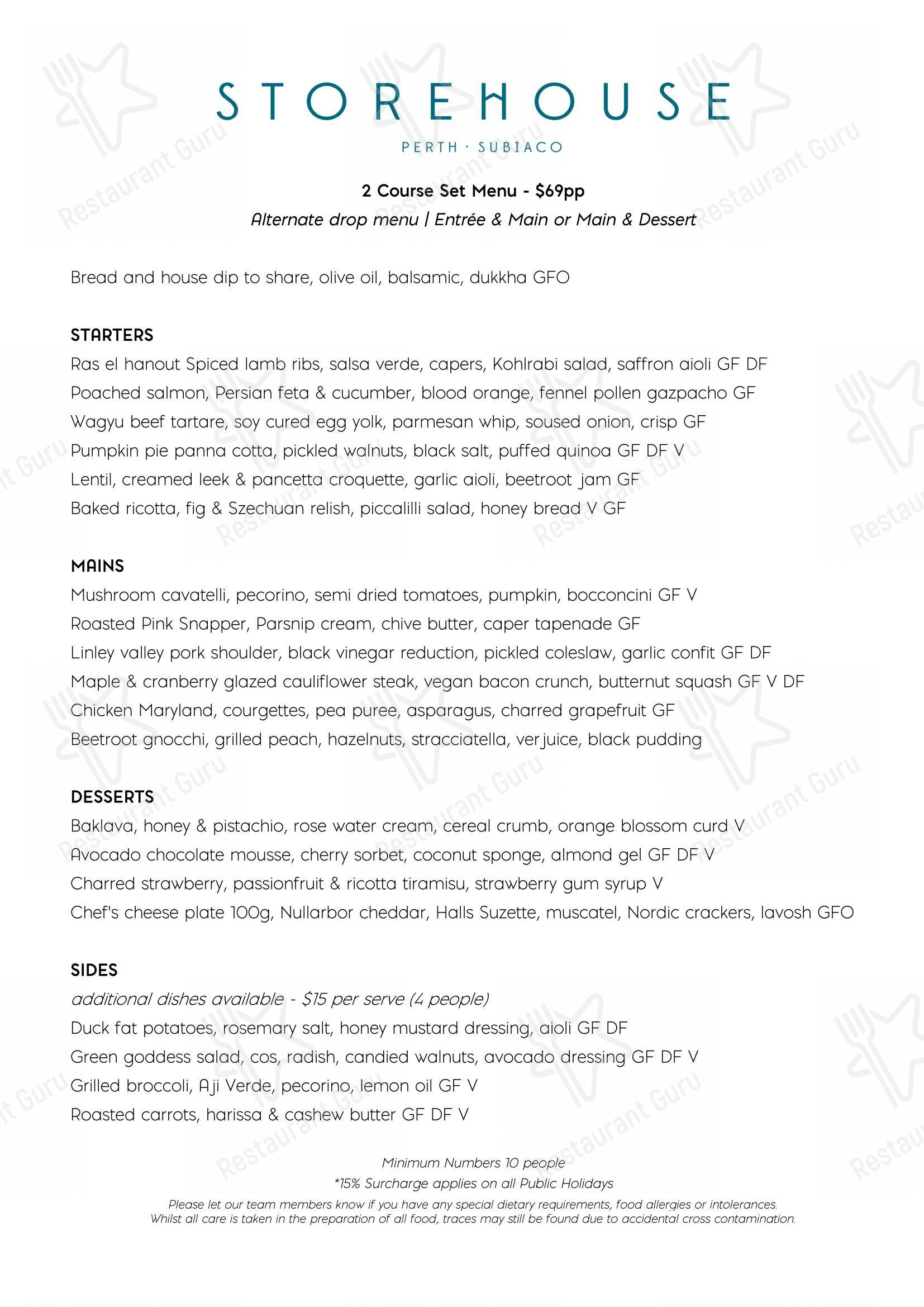 Menu at Storehouse Subiaco restaurant, Subiaco