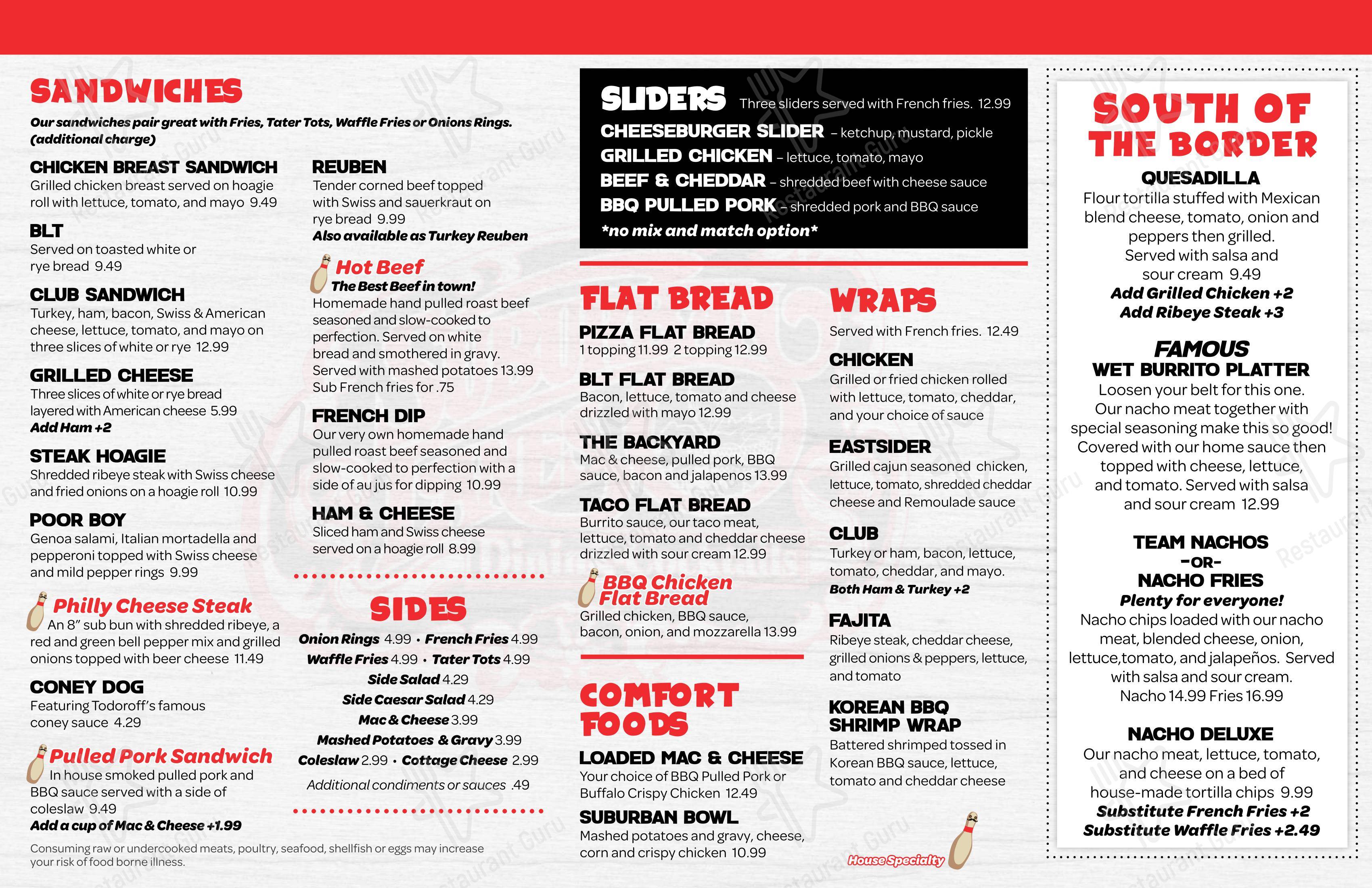 Menu at Suburban Lanes pub & bar, Jackson, Ann Arbor Rd