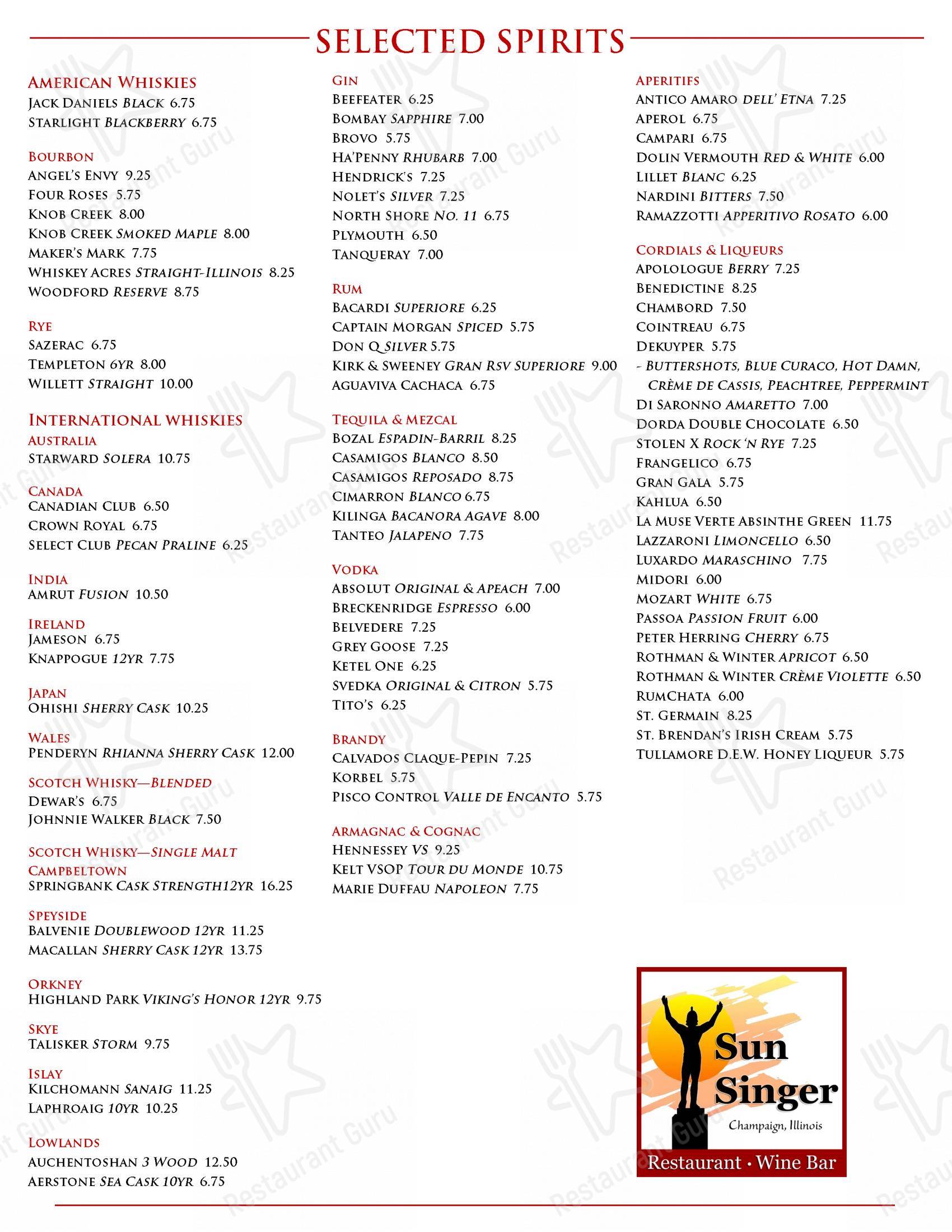 Menu at Sun Singer Restaurant, Wine & Spirits, Champaign