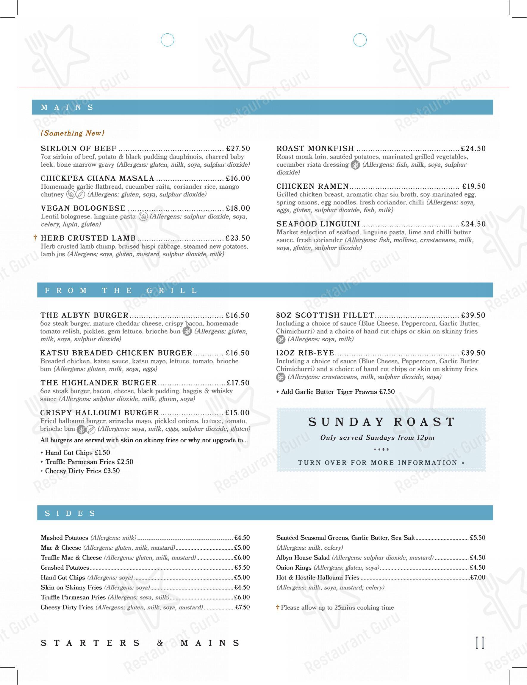 Menu at The Albyn restaurant, Aberdeen