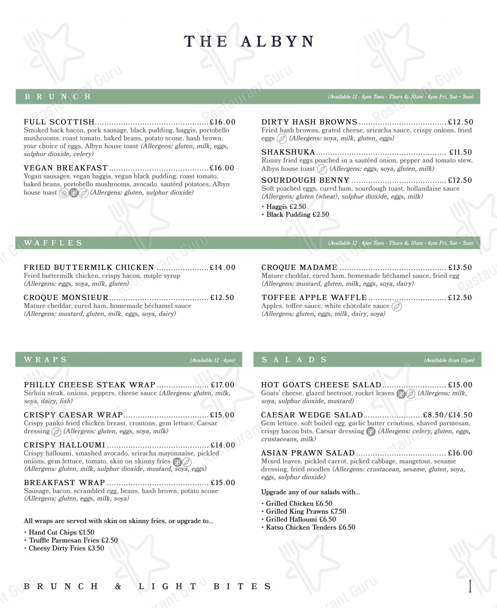 Menu at The Albyn restaurant, Aberdeen