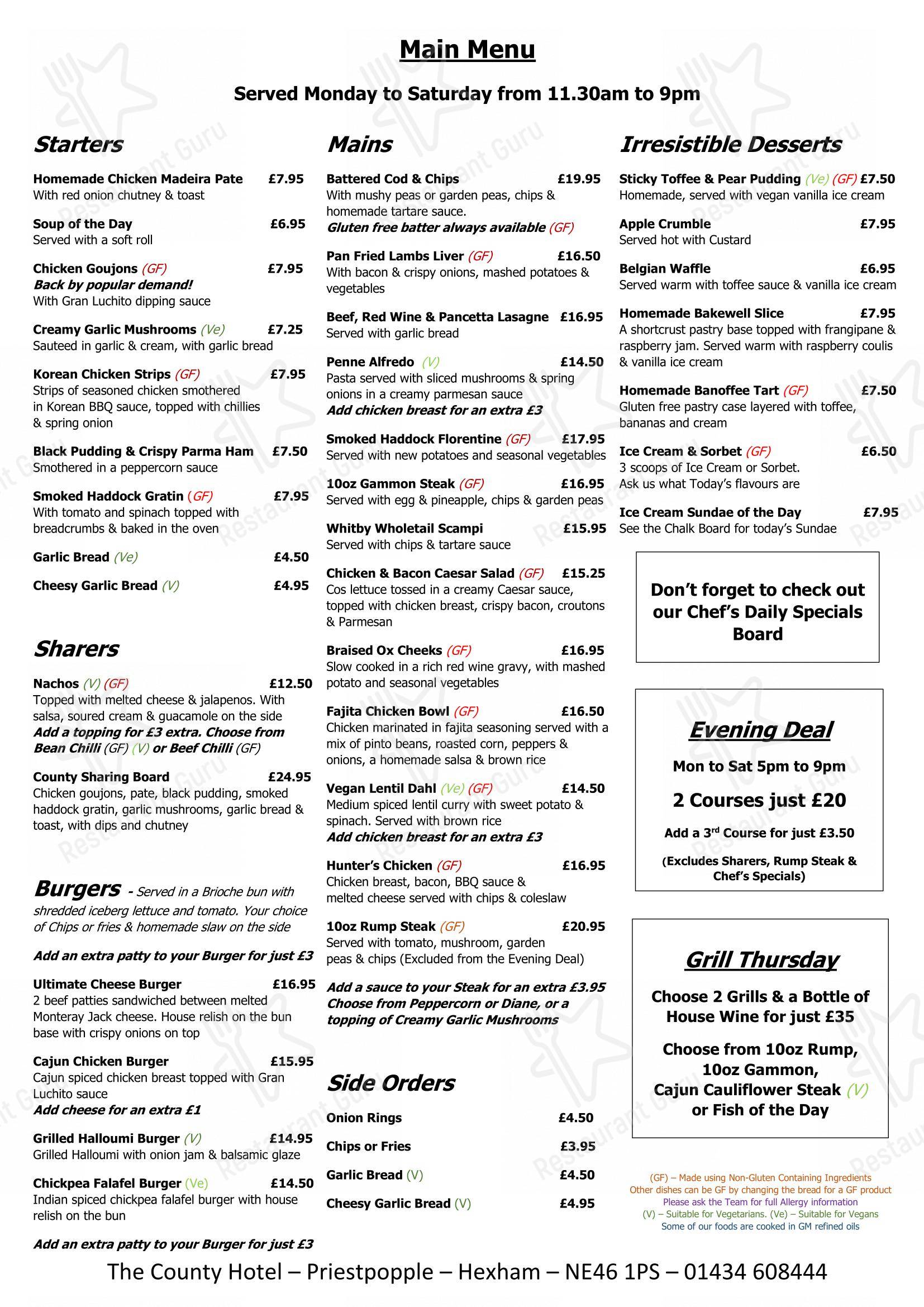 Menu at The County Hotel pub & bar, Hexham