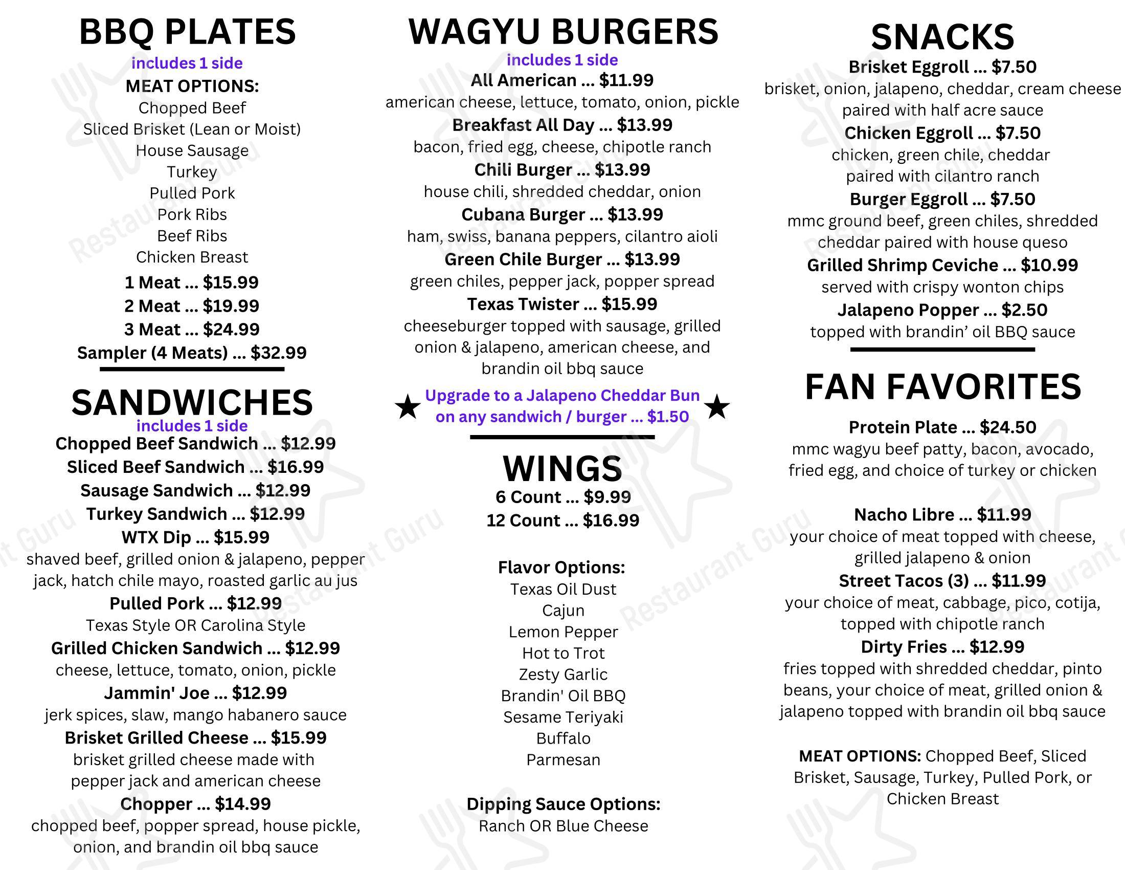 Menu at The Half Acre BBQ, Midland
