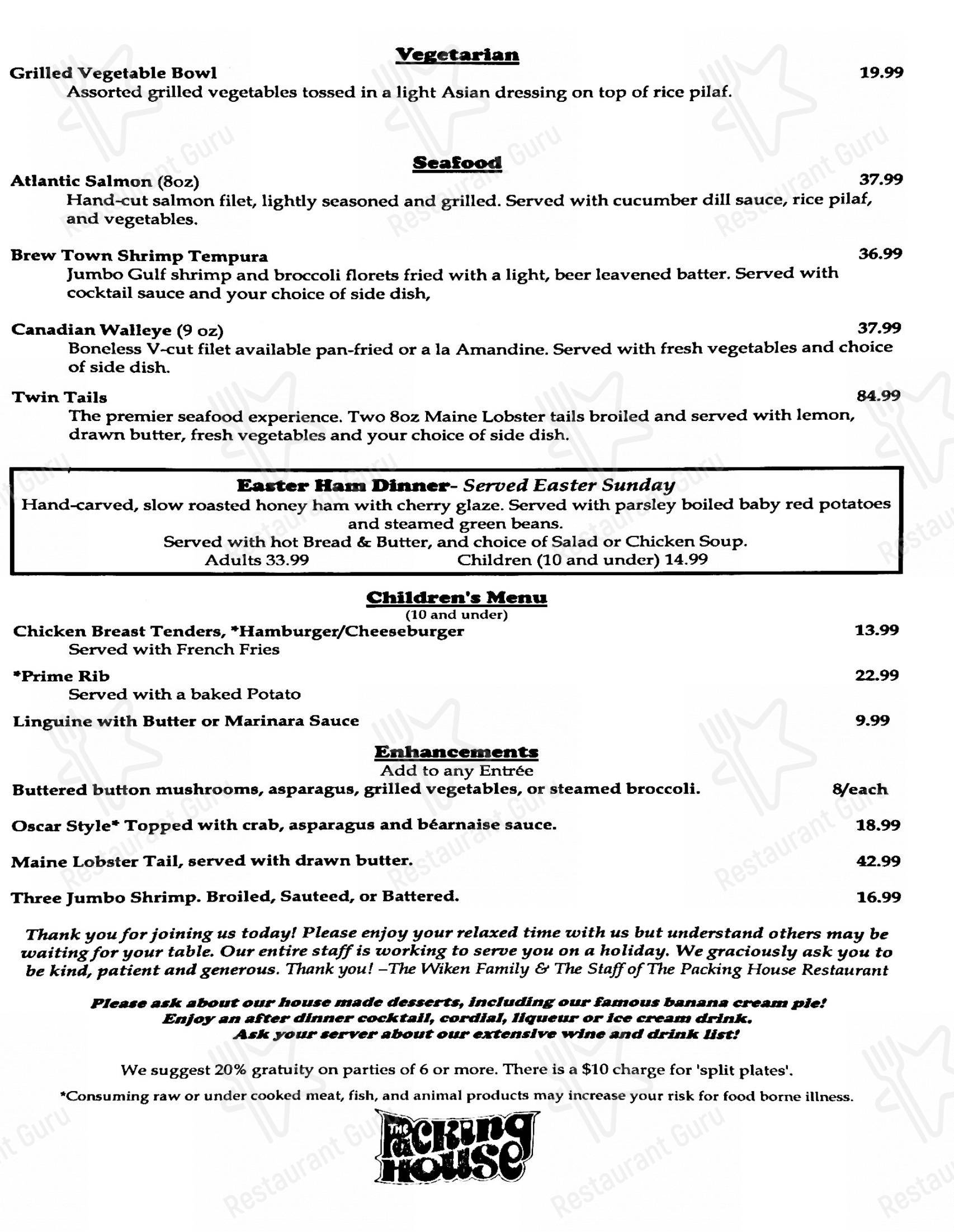 Menu at The Packing House steakhouse, Milwaukee