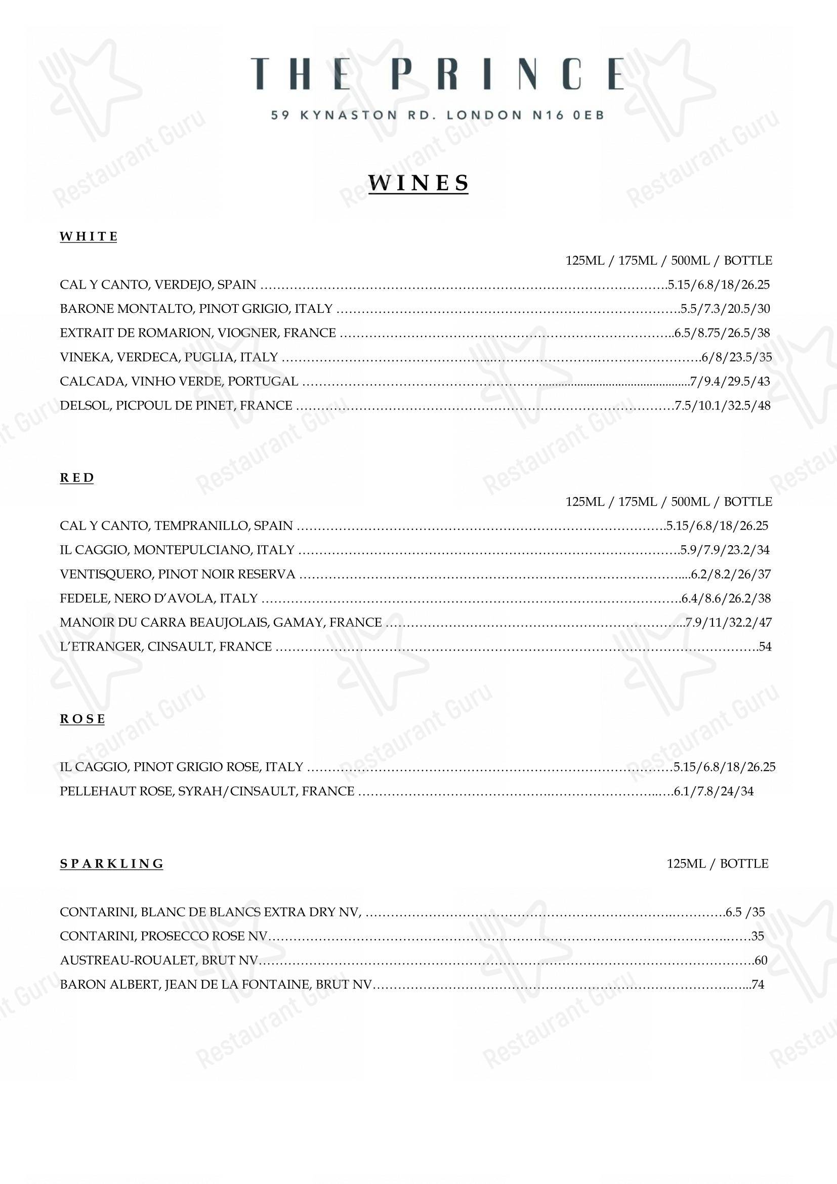 Menu at The Prince pub & bar, London, The Princec