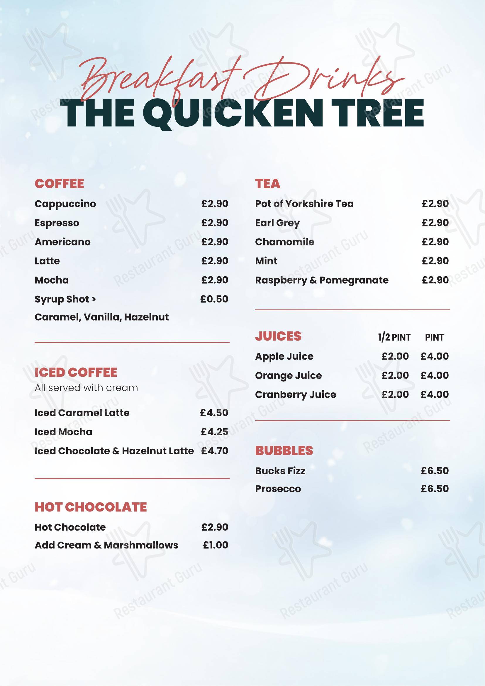 Menu at The Quicken Tree restaurant, Coventry, Heart of England ...