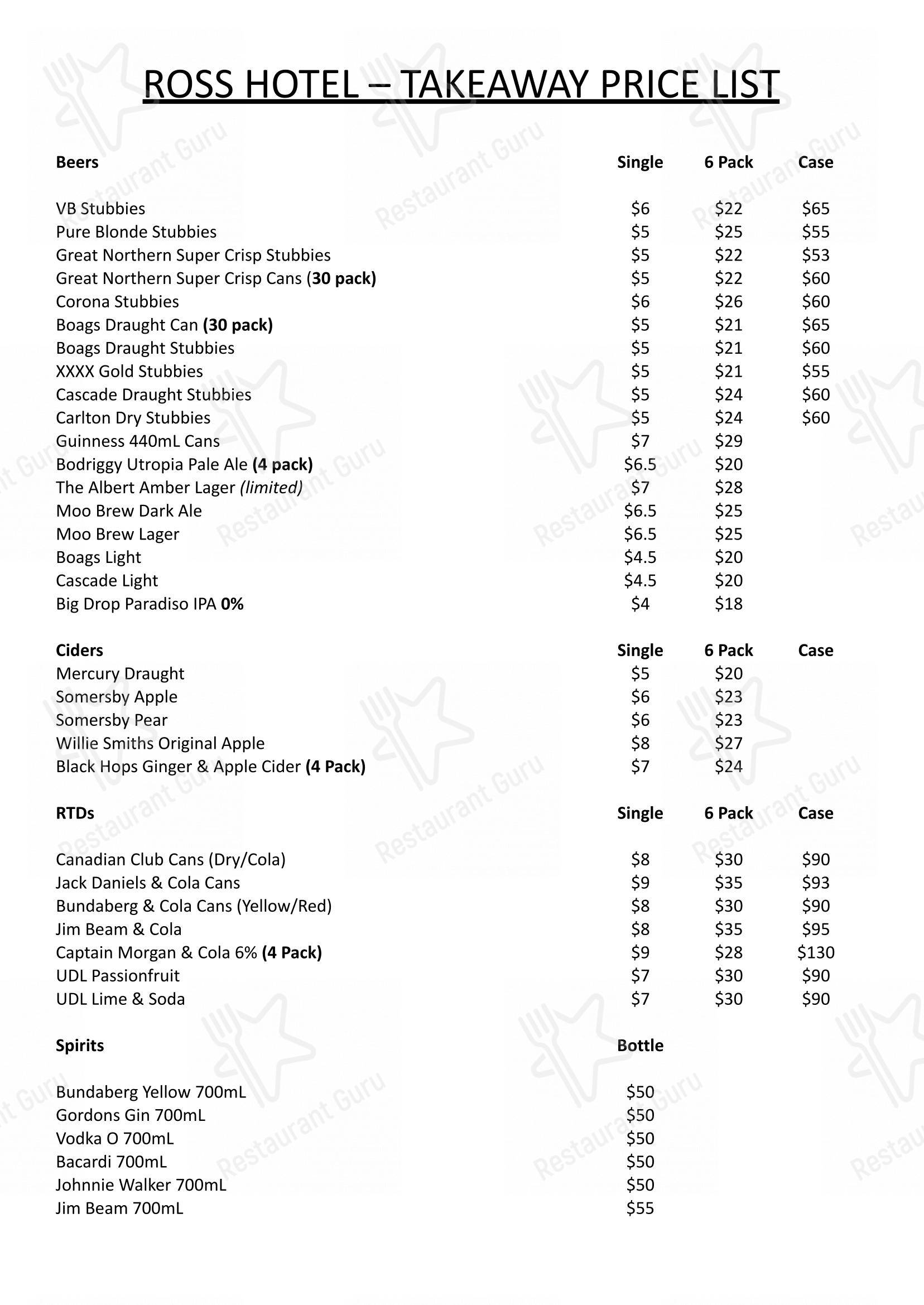 Menu at The Ross Hotel (Man O' Ross) pub & bar, Ross