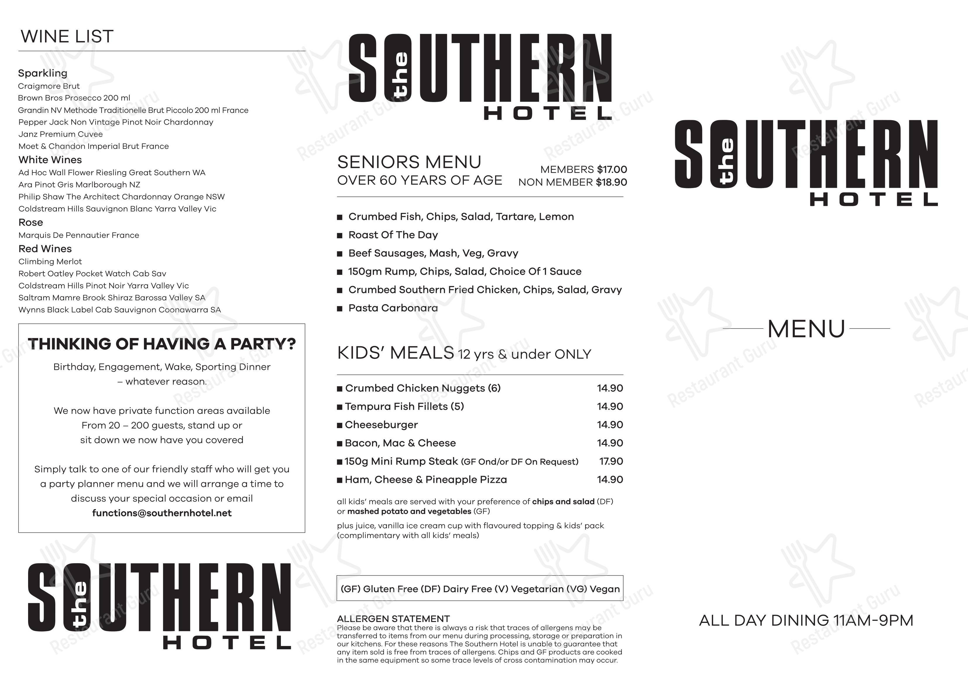 Menu at The Southern Hotel Toowoomba restaurant, Kearneys Spring, 839 ...