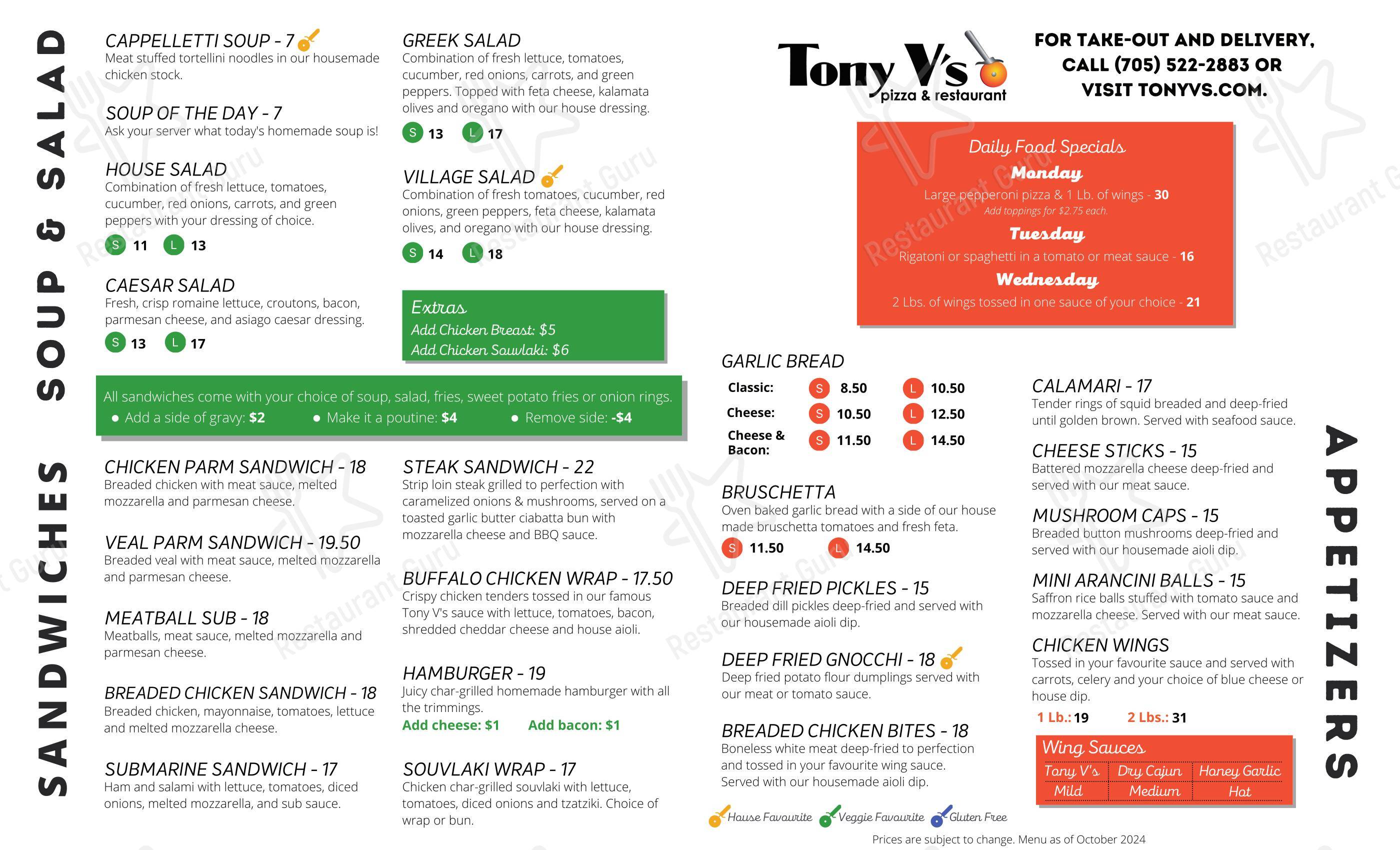 Menu at Tony V's Pizza & Restaurant, Sudbury