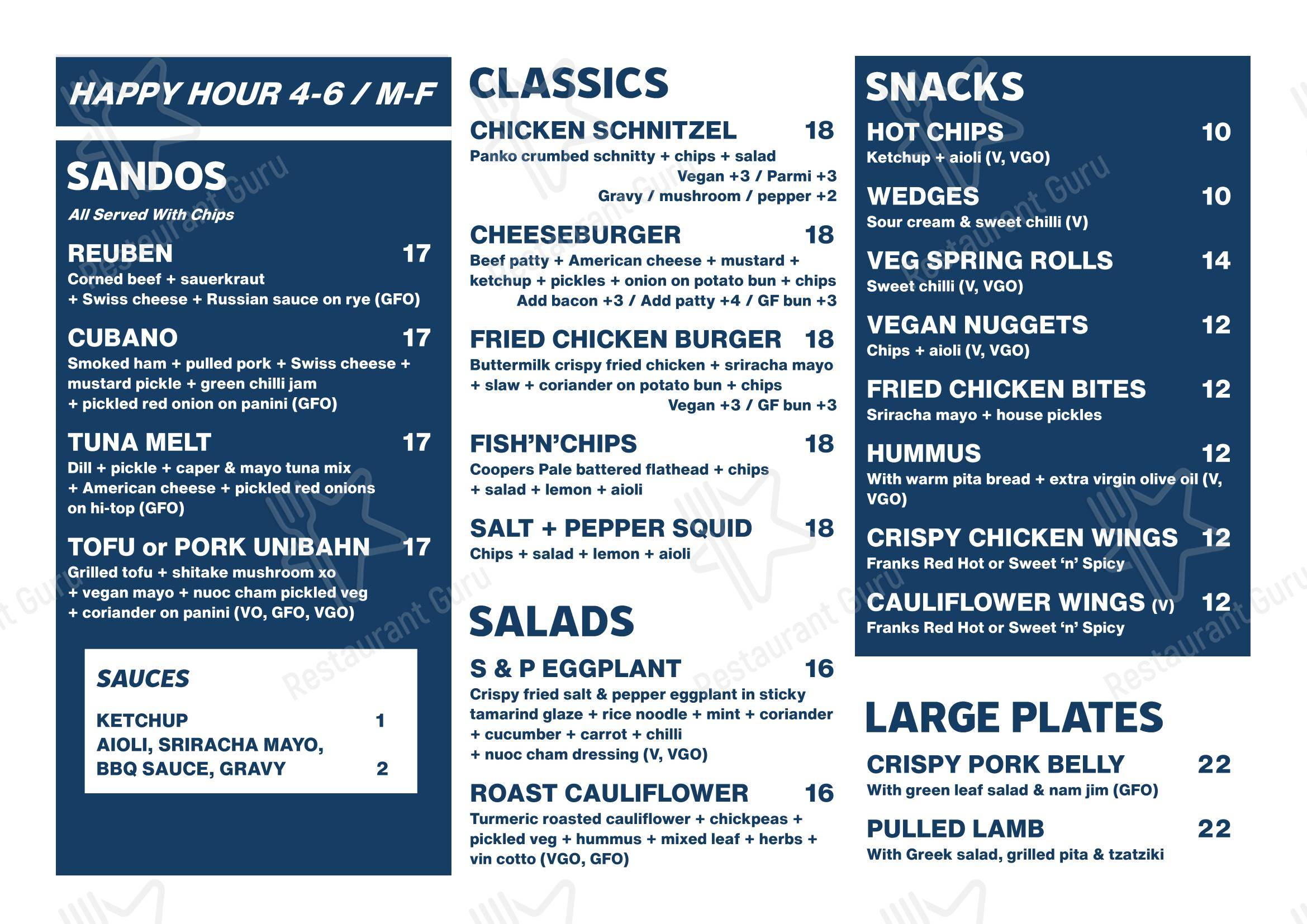 Menu at UniBar Adelaide, Adelaide