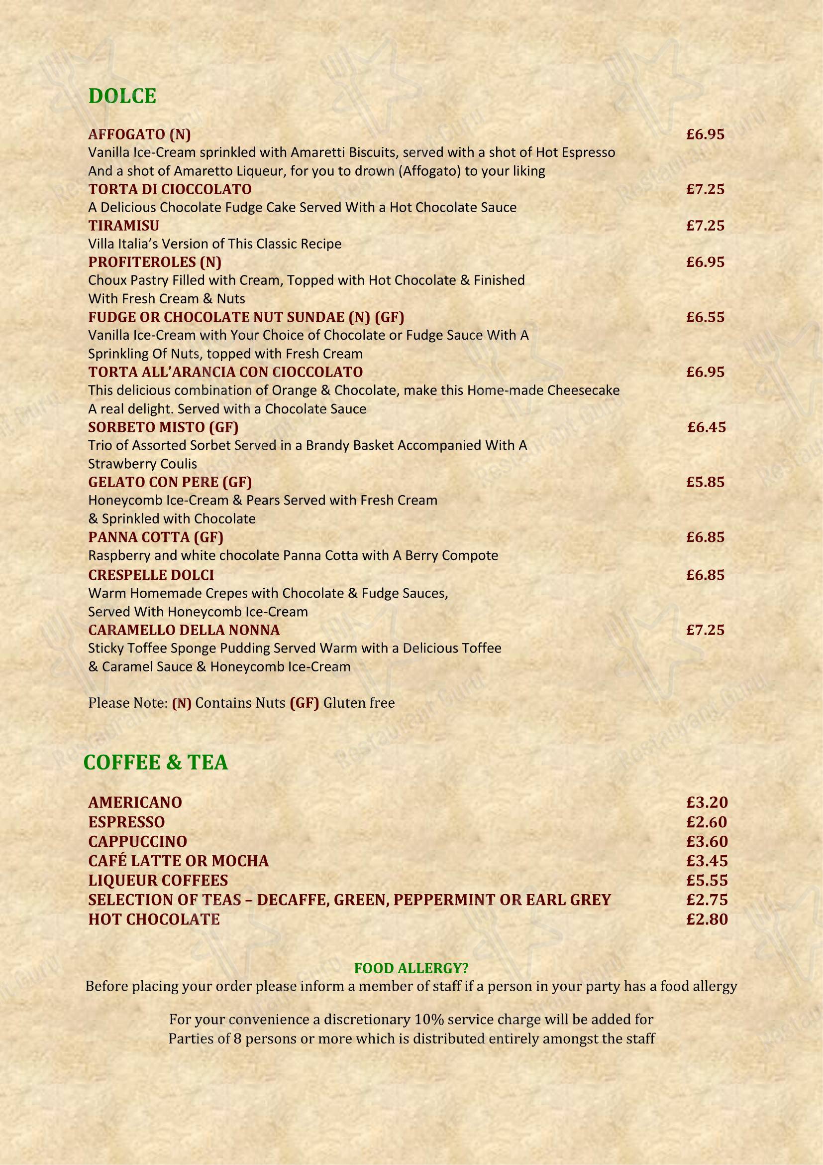Menu at Villa Italia pizzeria, Belfast