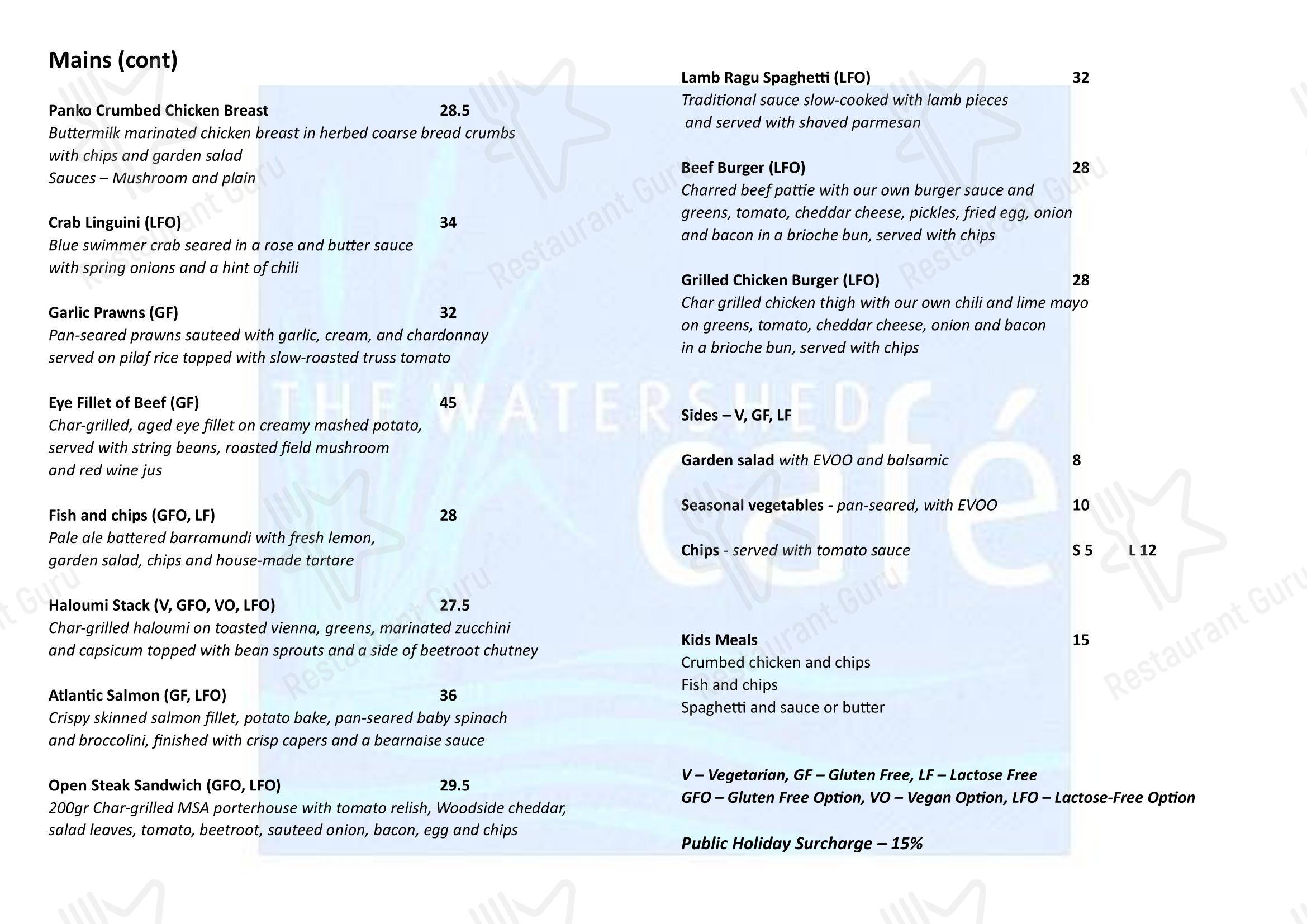 Menu at Watershed cafe, Mawson Lakes