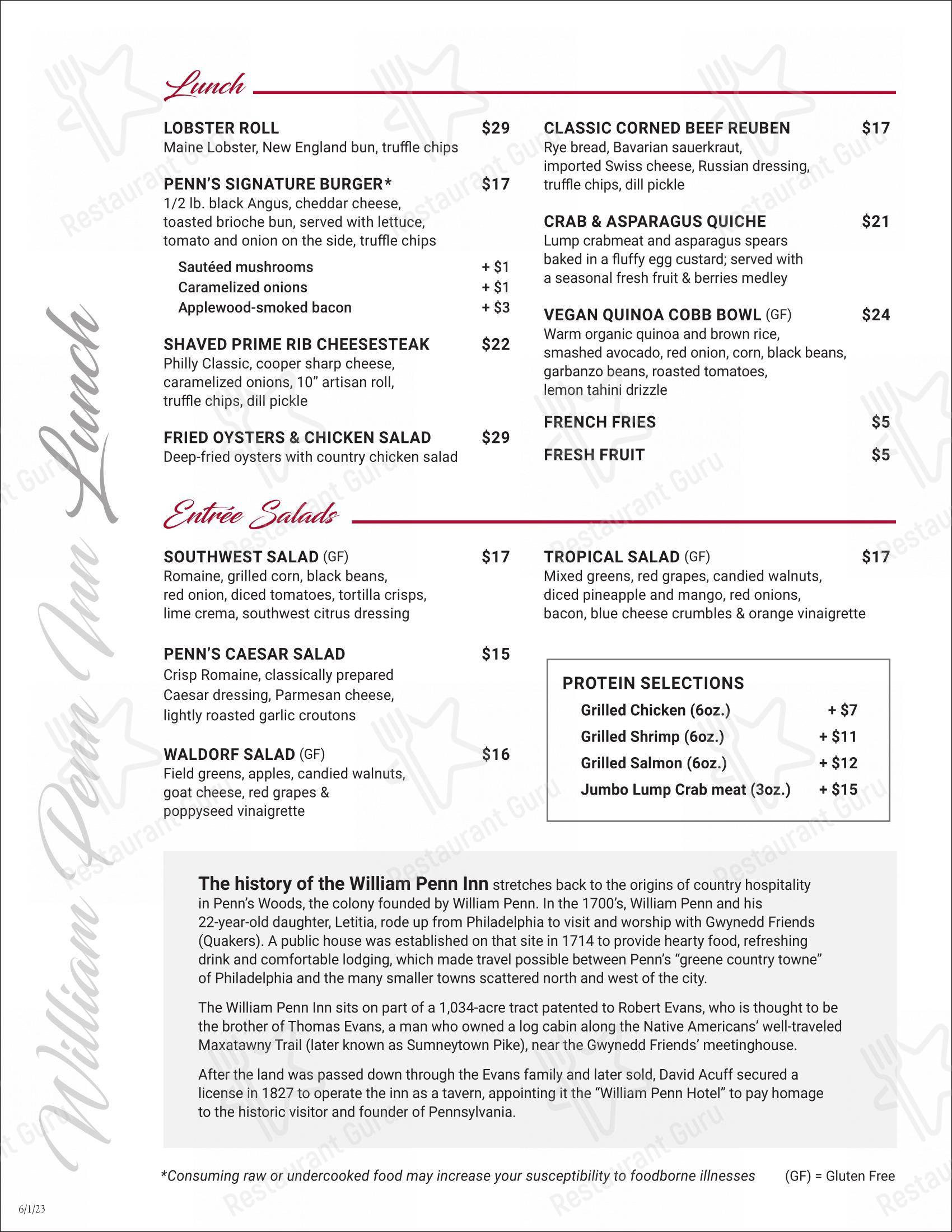 Menu at William Penn Inn restaurant, Gwynedd