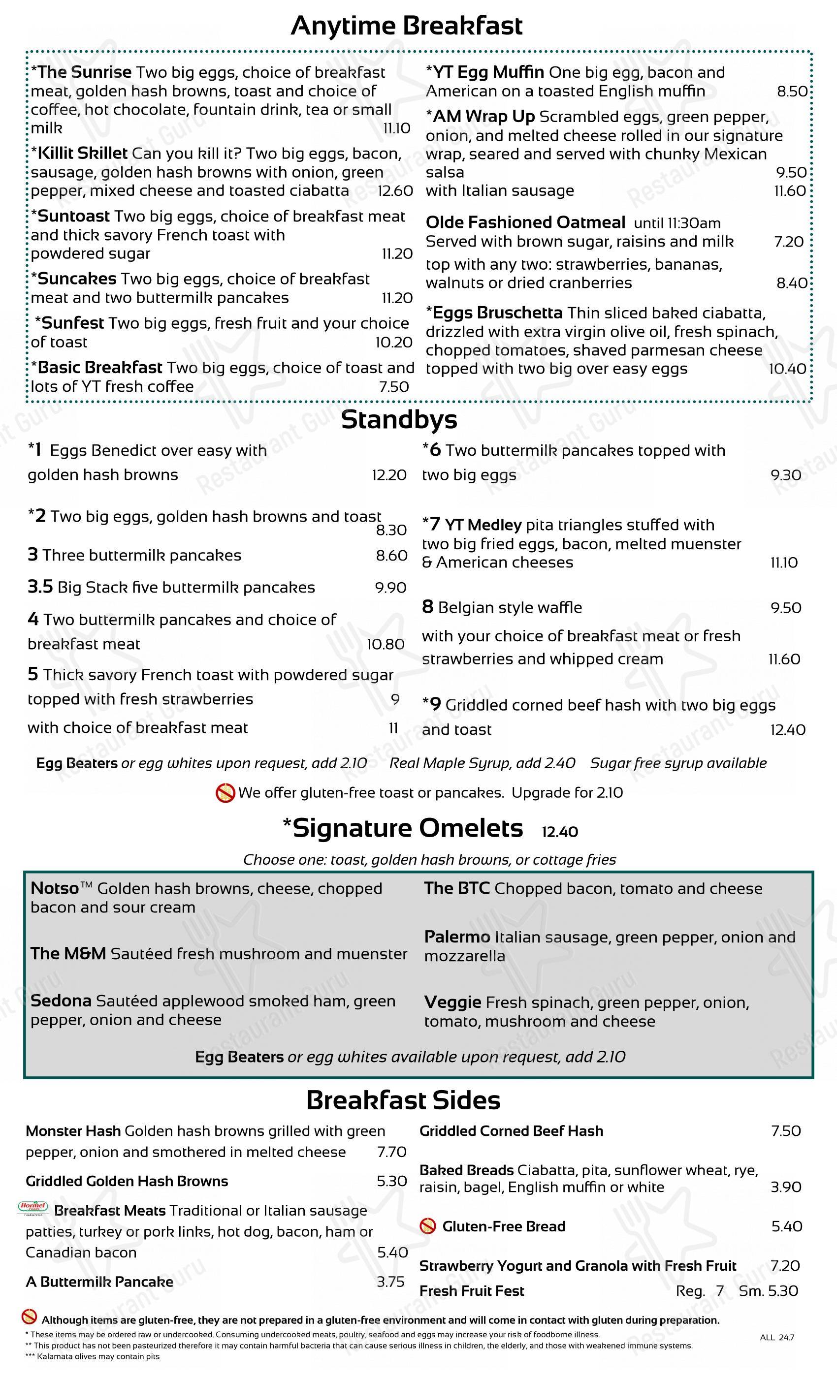 Menu at Yours Truly Rockside restaurant, Valley View, Rockside Rd