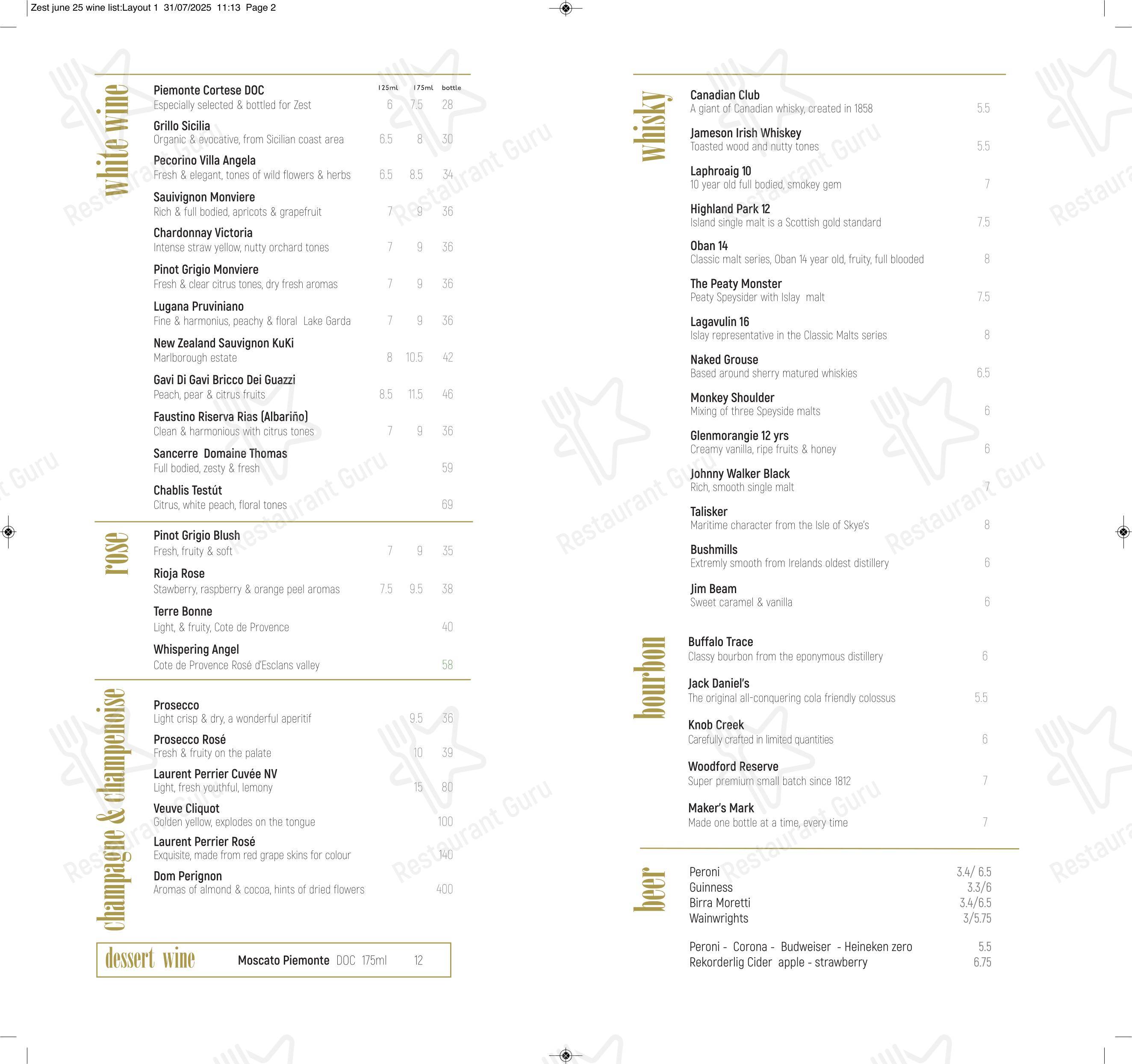 Menu at Zest Gastronomia restaurant, Lytham Saint Annes