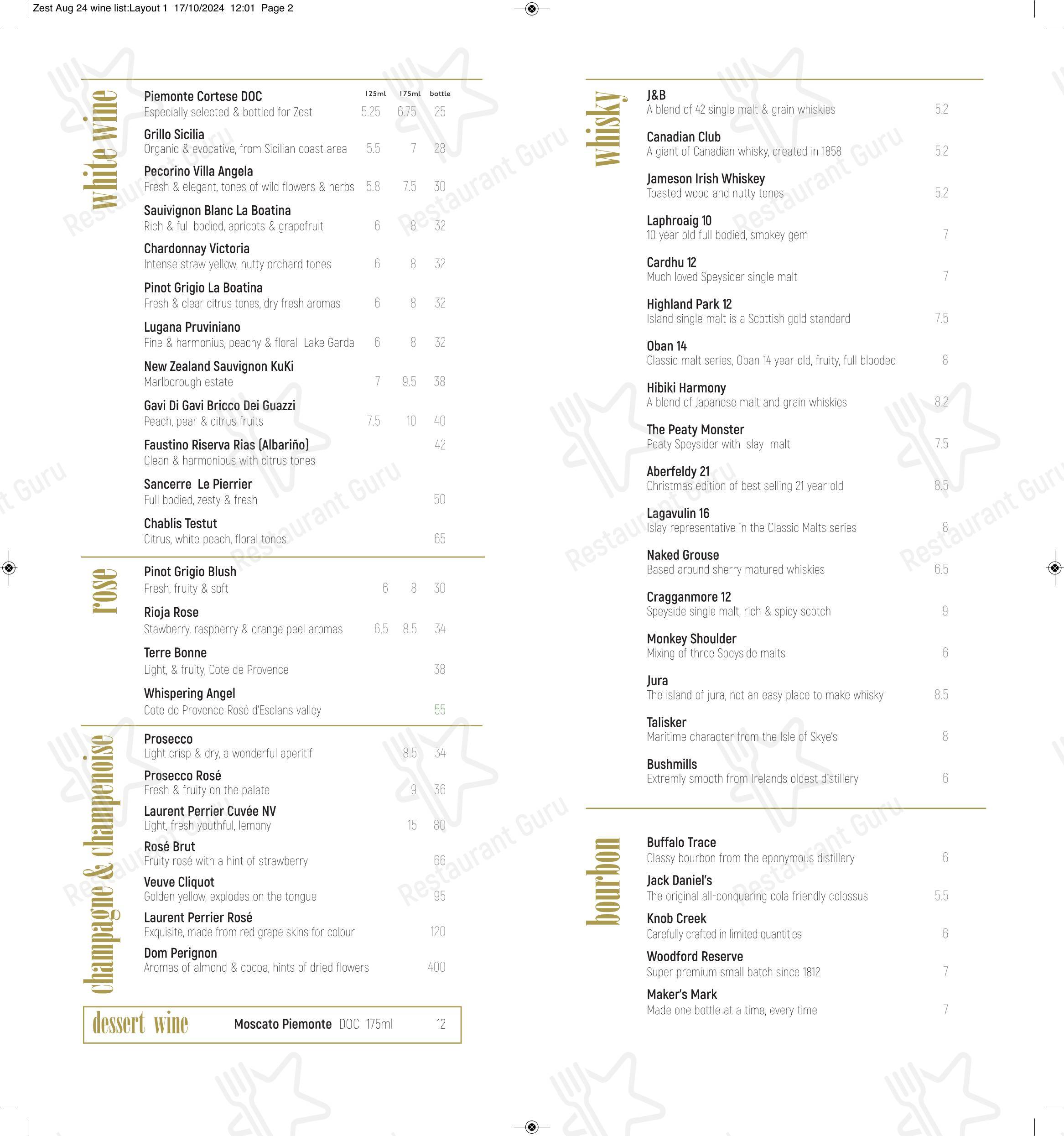 Menu at Zest Gastronomia restaurant, Lytham Saint Annes