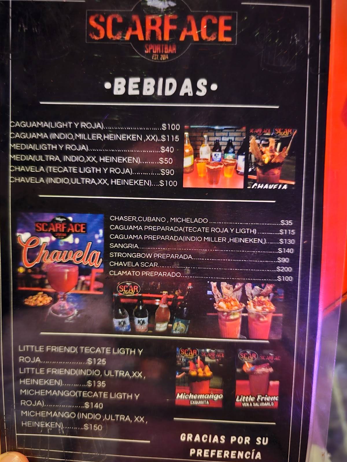 Carta de scarface sportbar, Mexicali