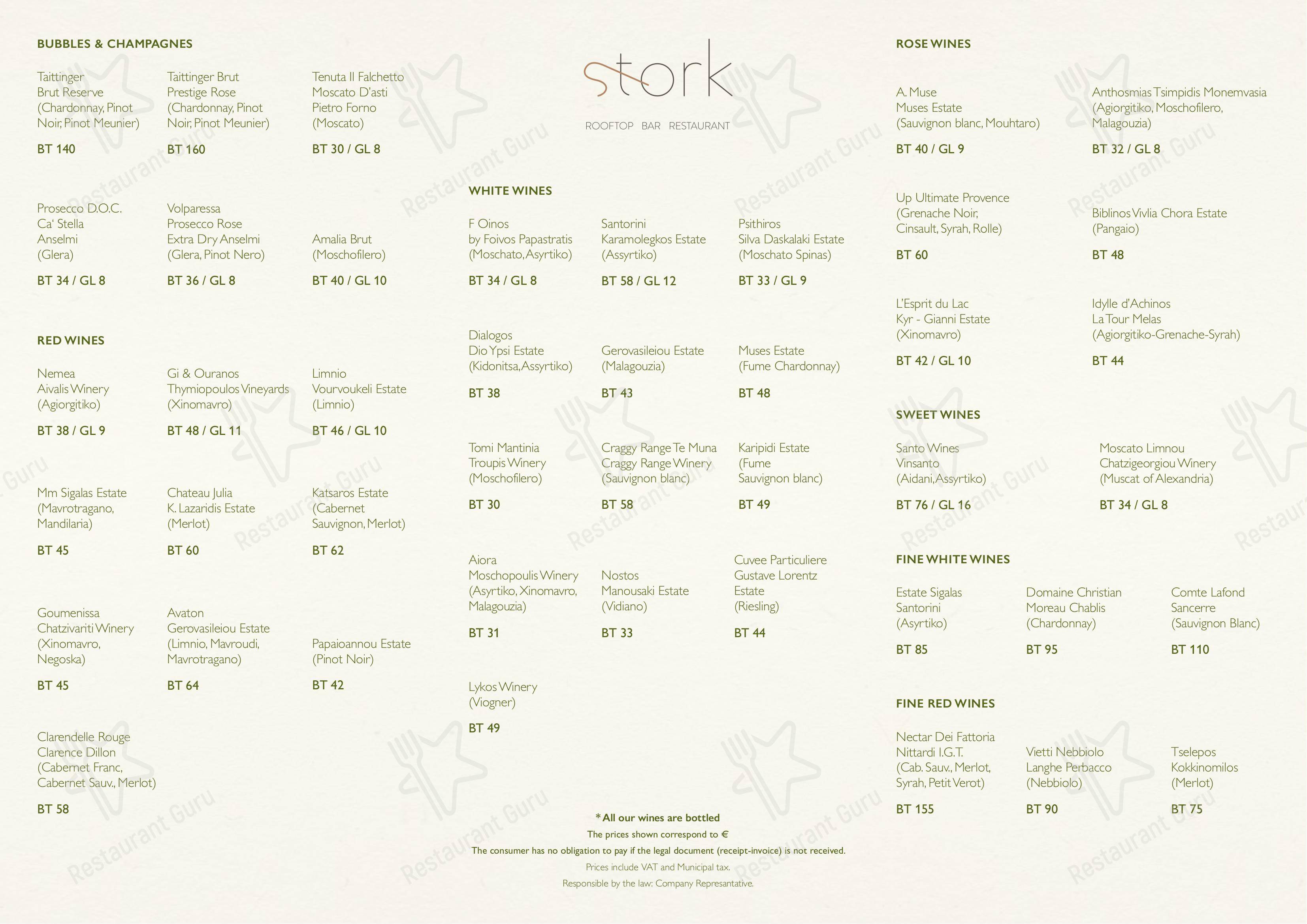 Menu at stork rooftop bar restaurant, Athens