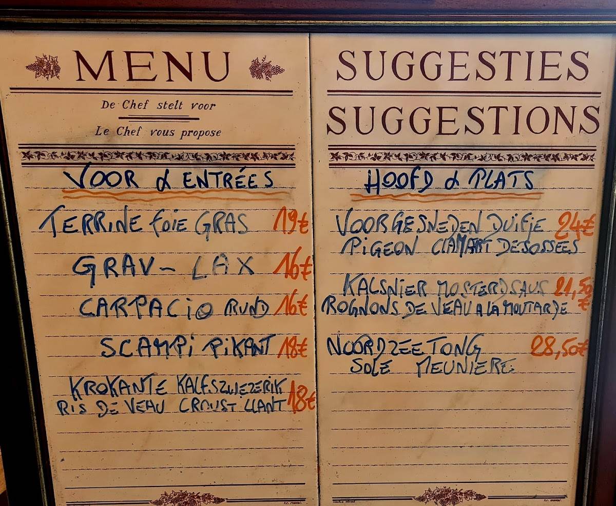 Menu au 't Palet restaurant, Wervik, Oude Beselarestraat 238