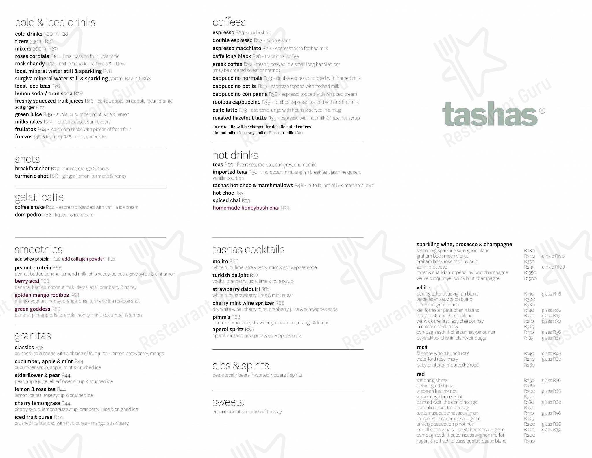 Menu at tashas Rosebank cafe, Johannesburg, Shop G28