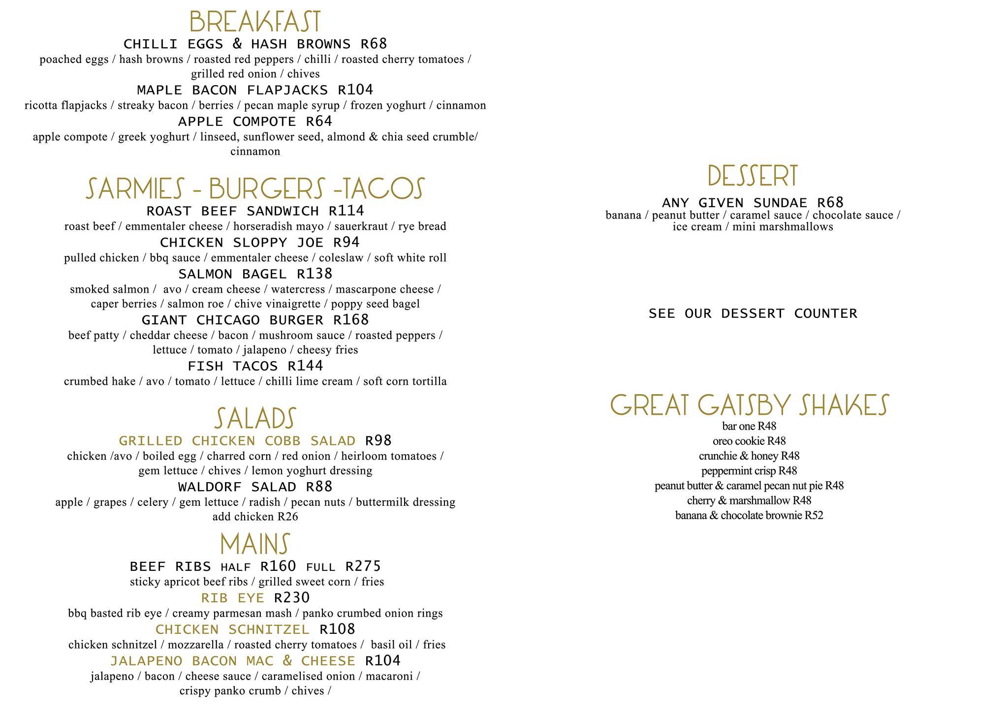 Menu at tashas Canal Walk cafe, Cape Town, 408