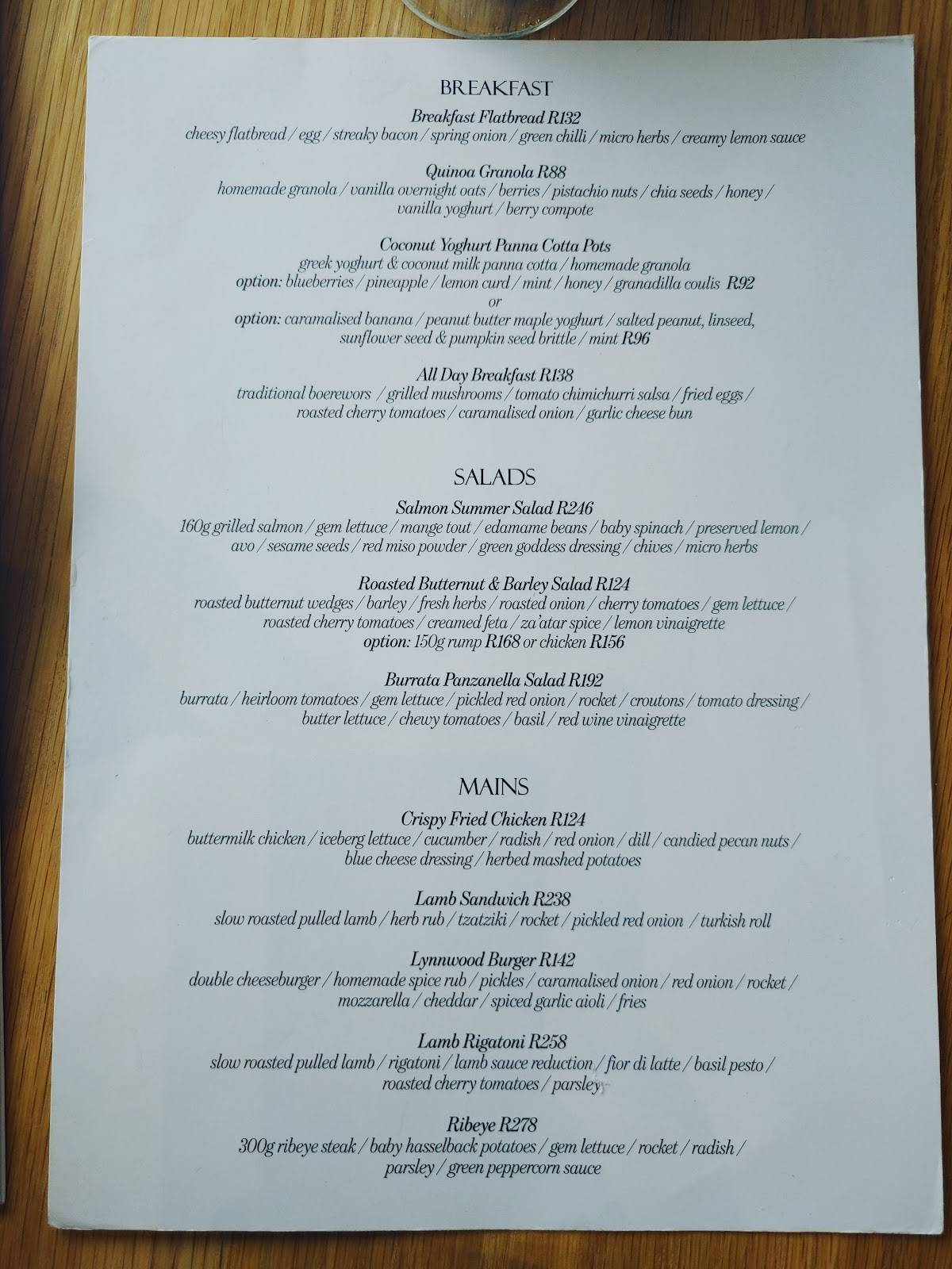 Menu at tashas Lynnwood Bridge restaurant, Pretoria