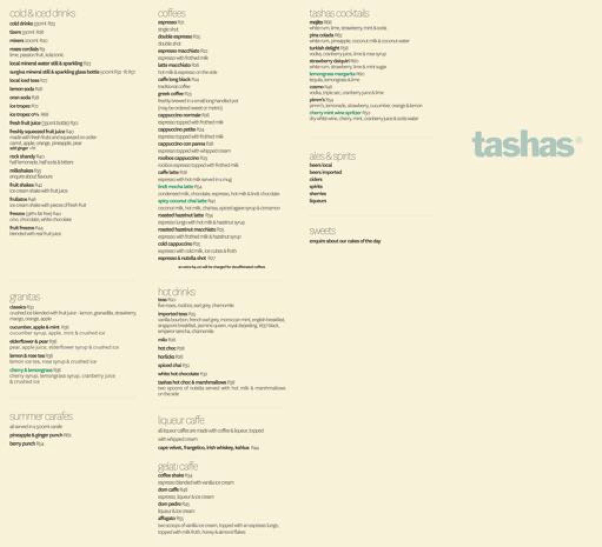 Menu at tashas Rosebank cafe, Johannesburg, Shop G28