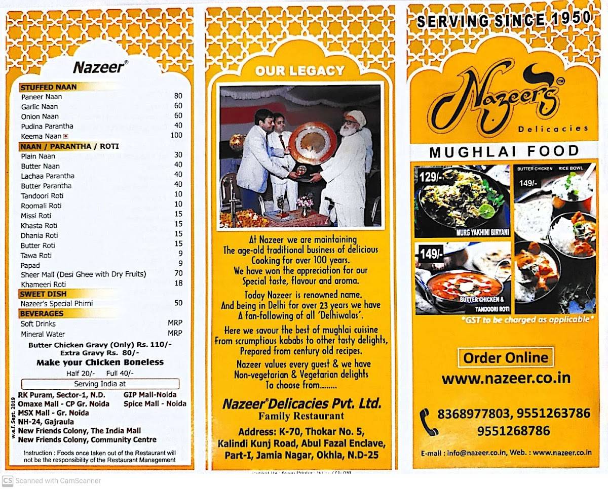 Menu at nazeer since1950, New Delhi