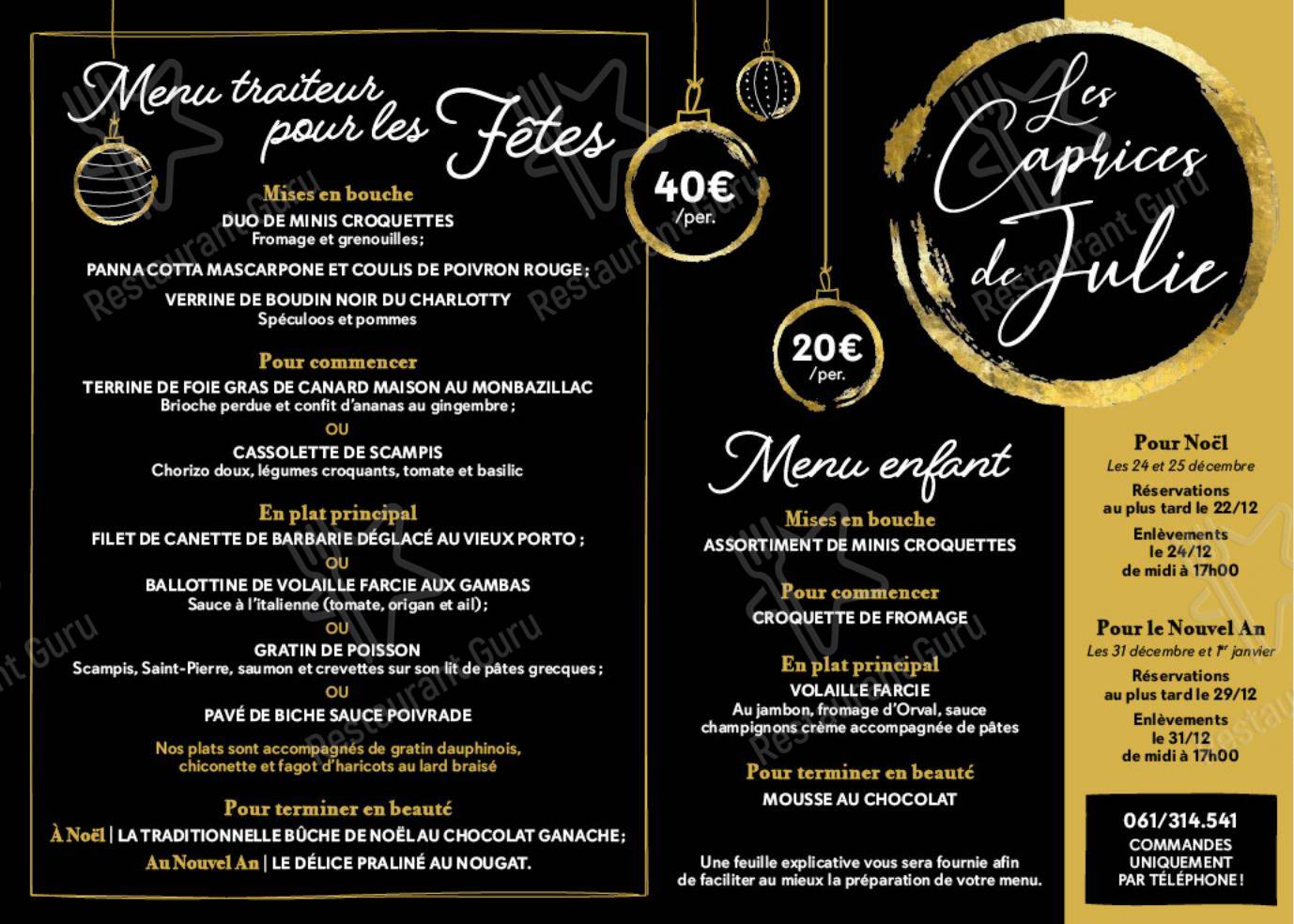 Menu au Les Caprices de Julie, Bertrix