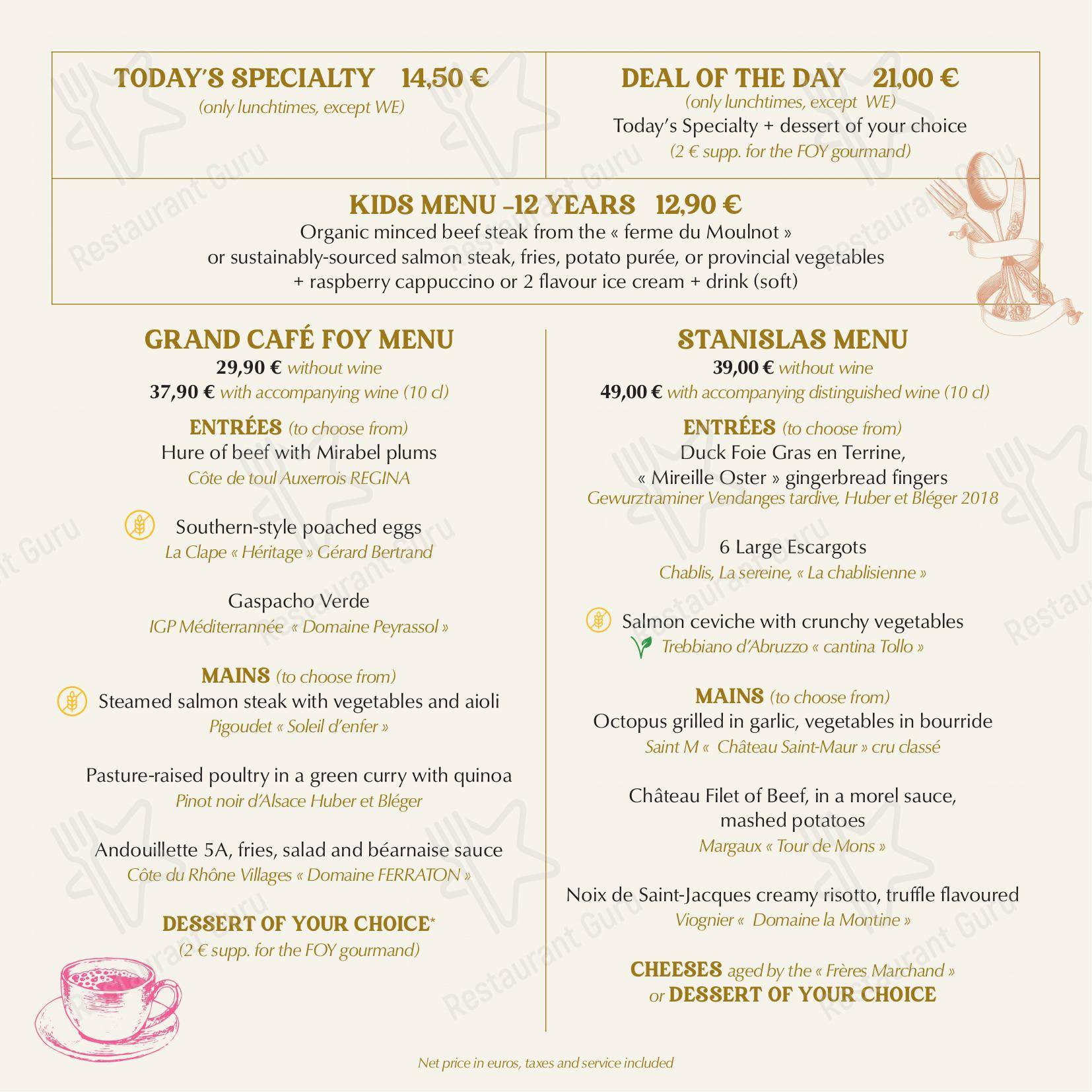Menu au Grand Café Foy, Nancy