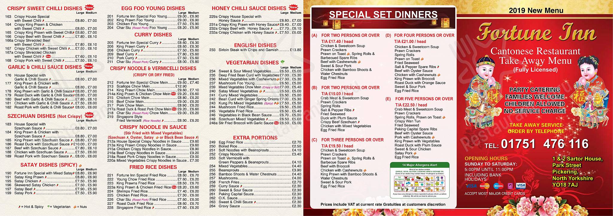 Menu at Fortune Inn restaurant, Pickering