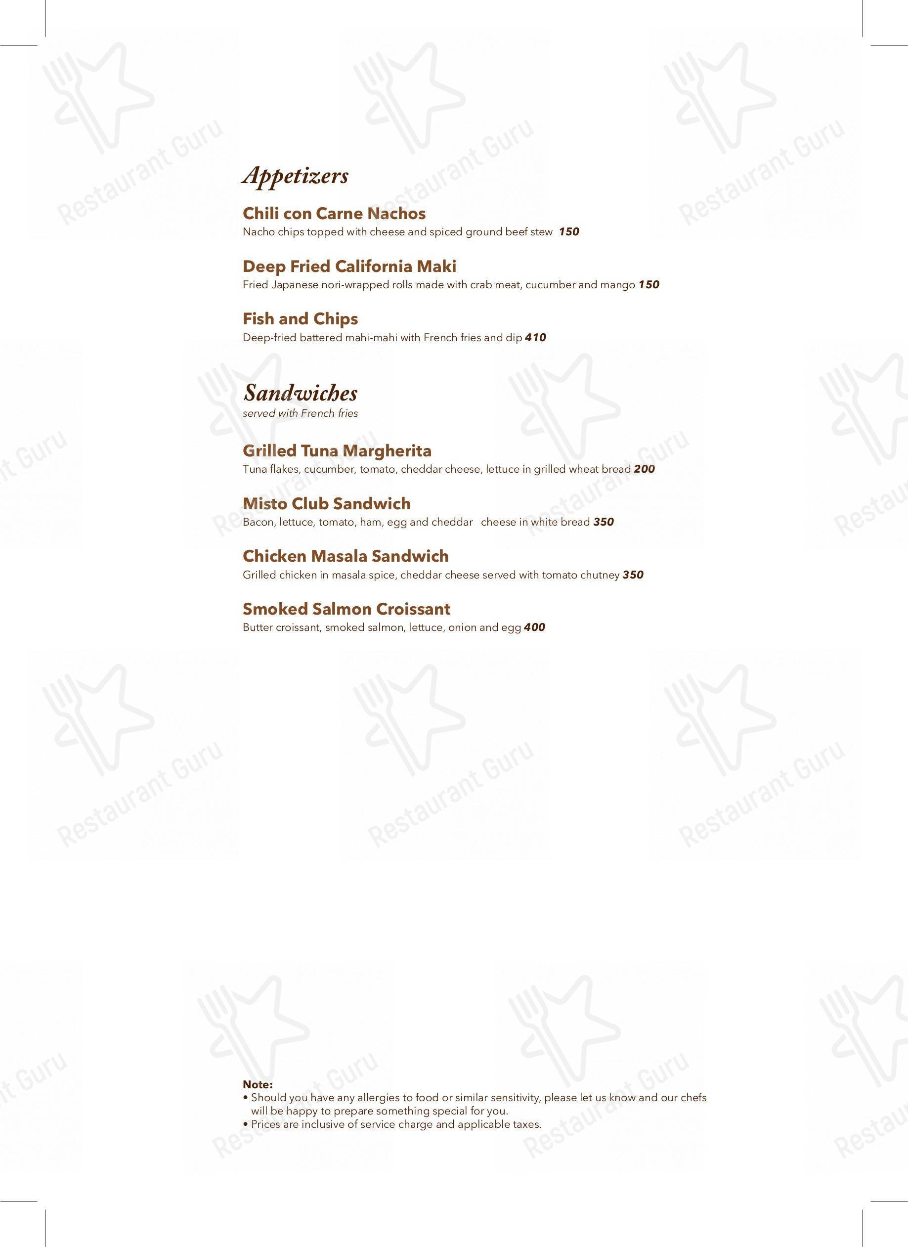 Menu at Misto restaurant, Santa Rosa, Lobby