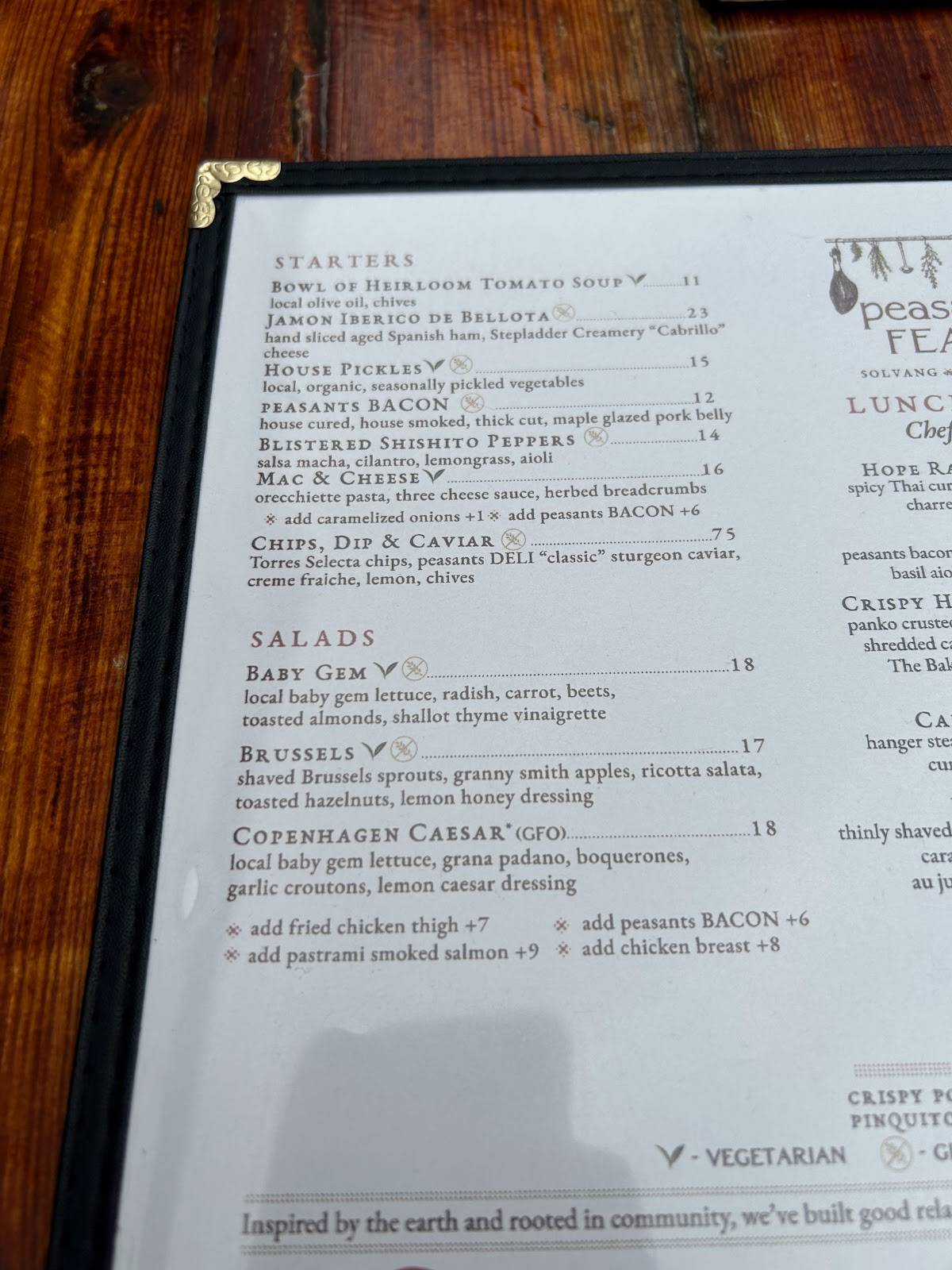 Menu at peasants FEAST restaurant, Solvang