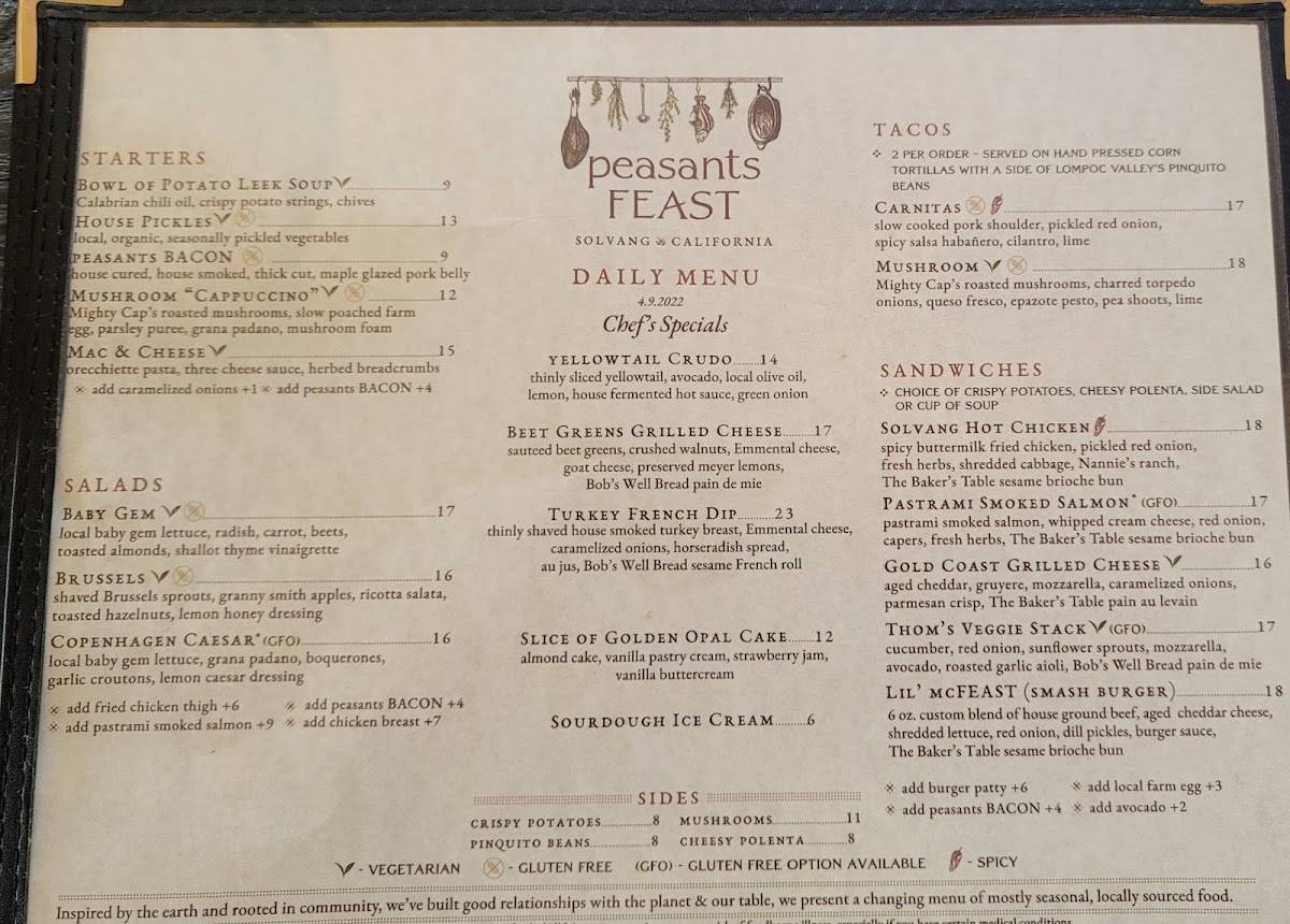 Menu at peasants FEAST restaurant, Solvang