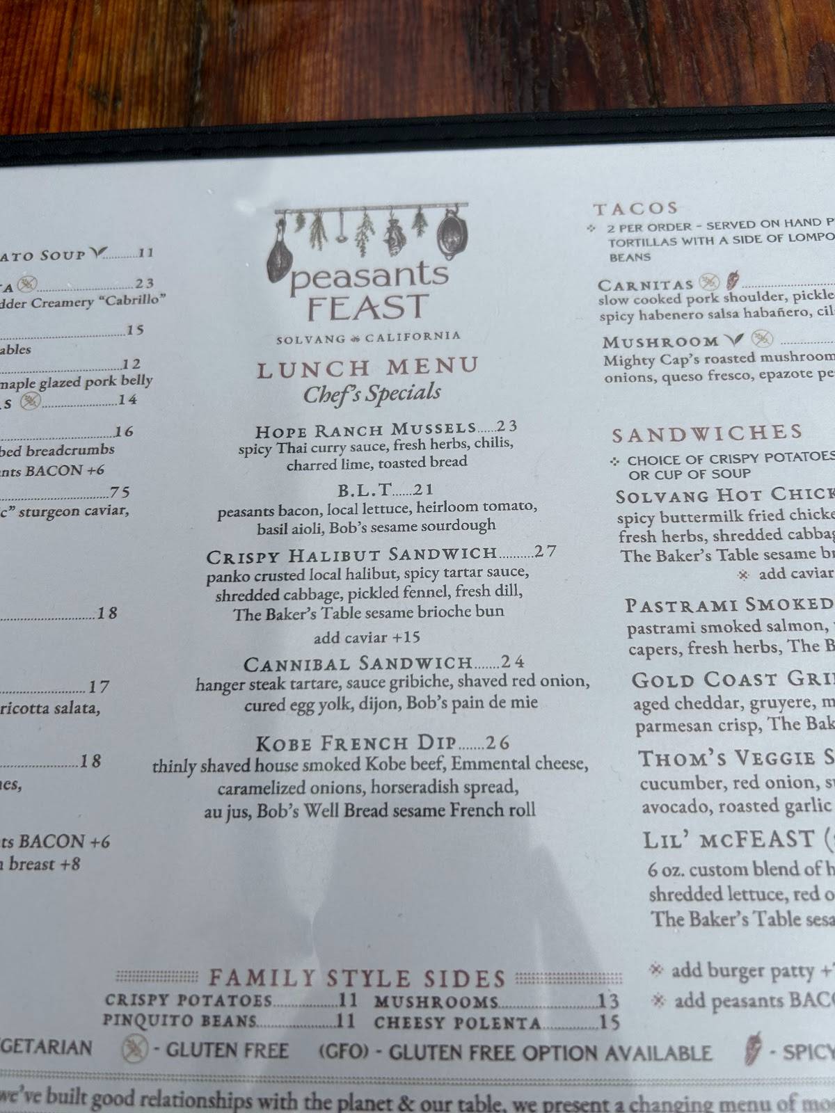 Menu at peasants FEAST restaurant, Solvang