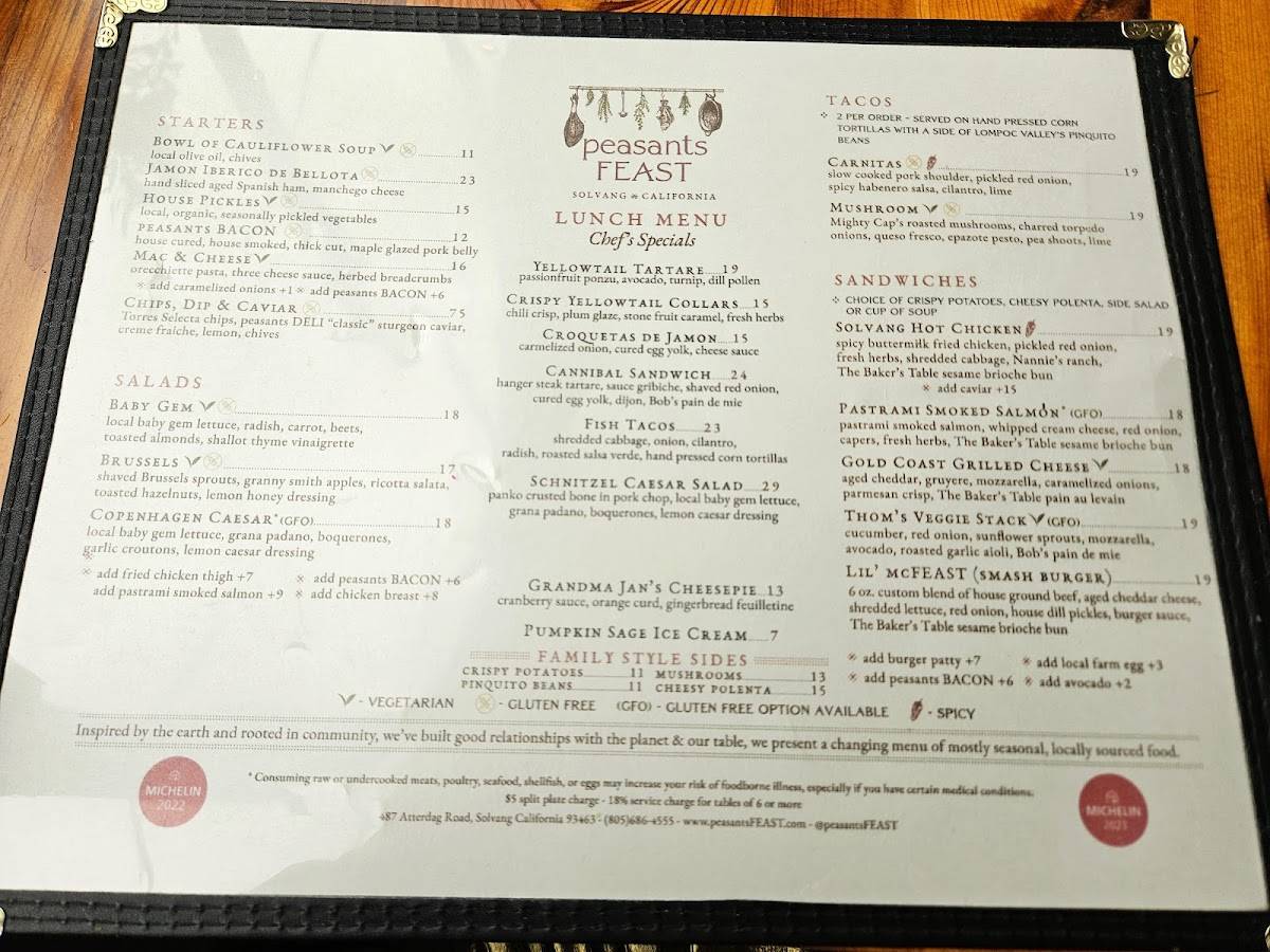 Menu at peasants FEAST restaurant, Solvang