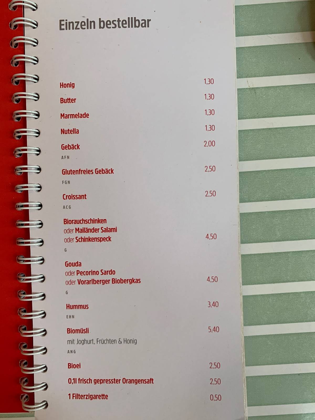 Menu at phil cafe, Vienna