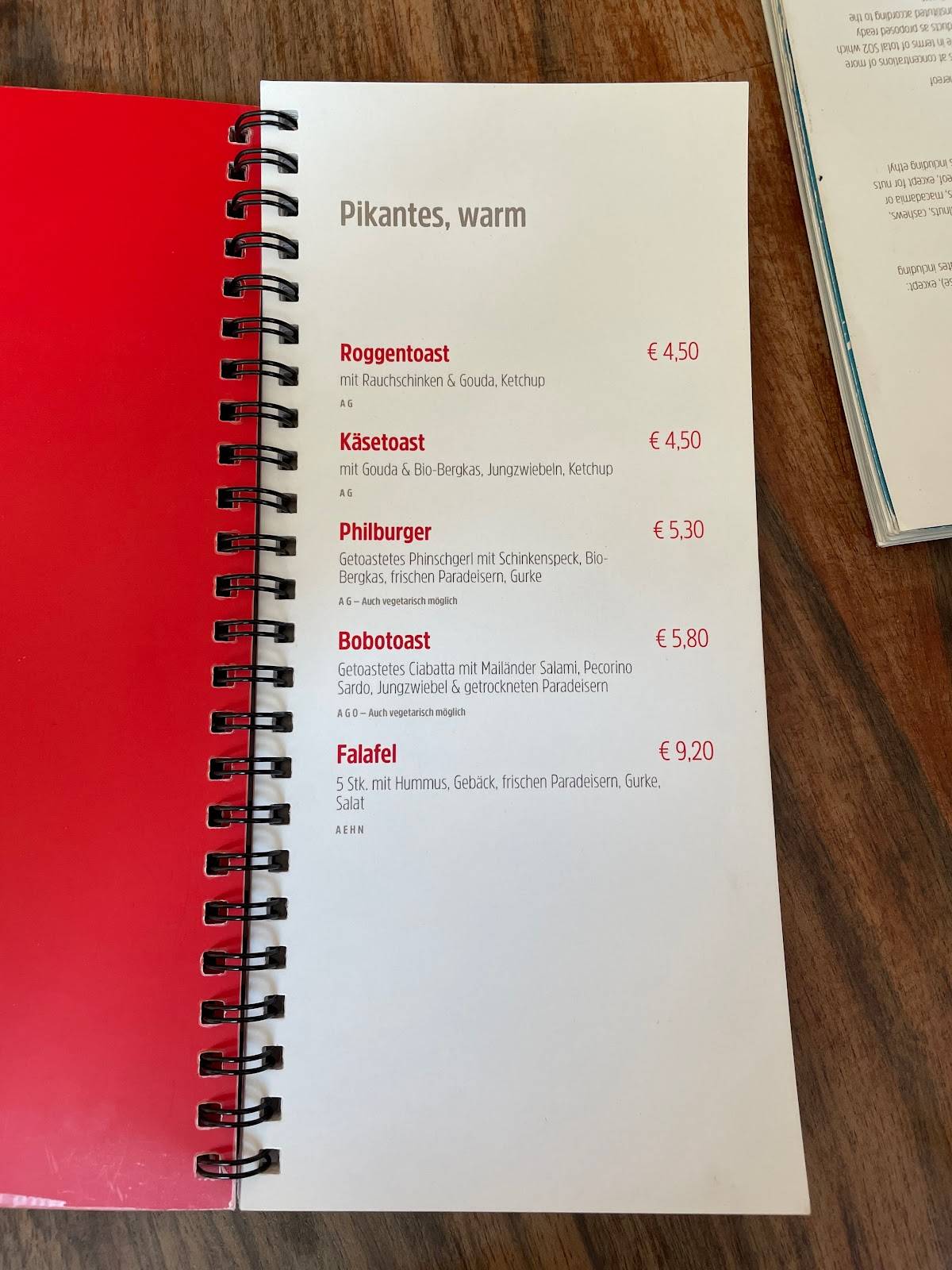 Menu at phil cafe, Vienna