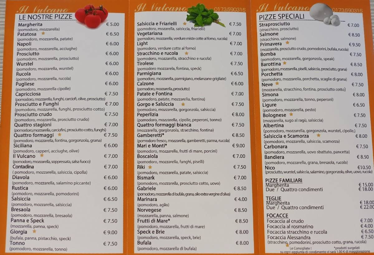 Menu da pizzeria il vulcano, Alba