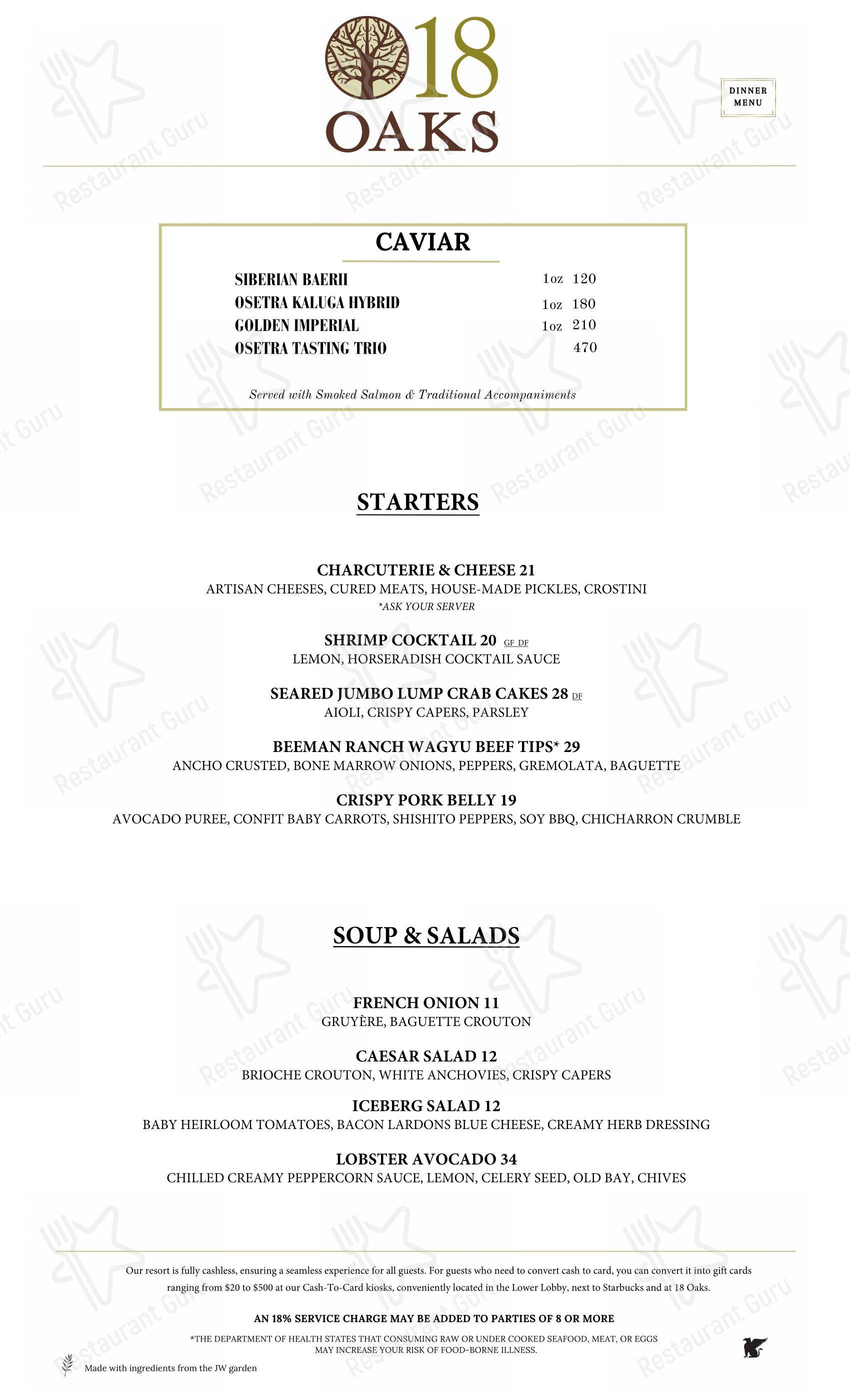 Menu at 18 Oaks steakhouse, San Antonio, Resort Pkwy