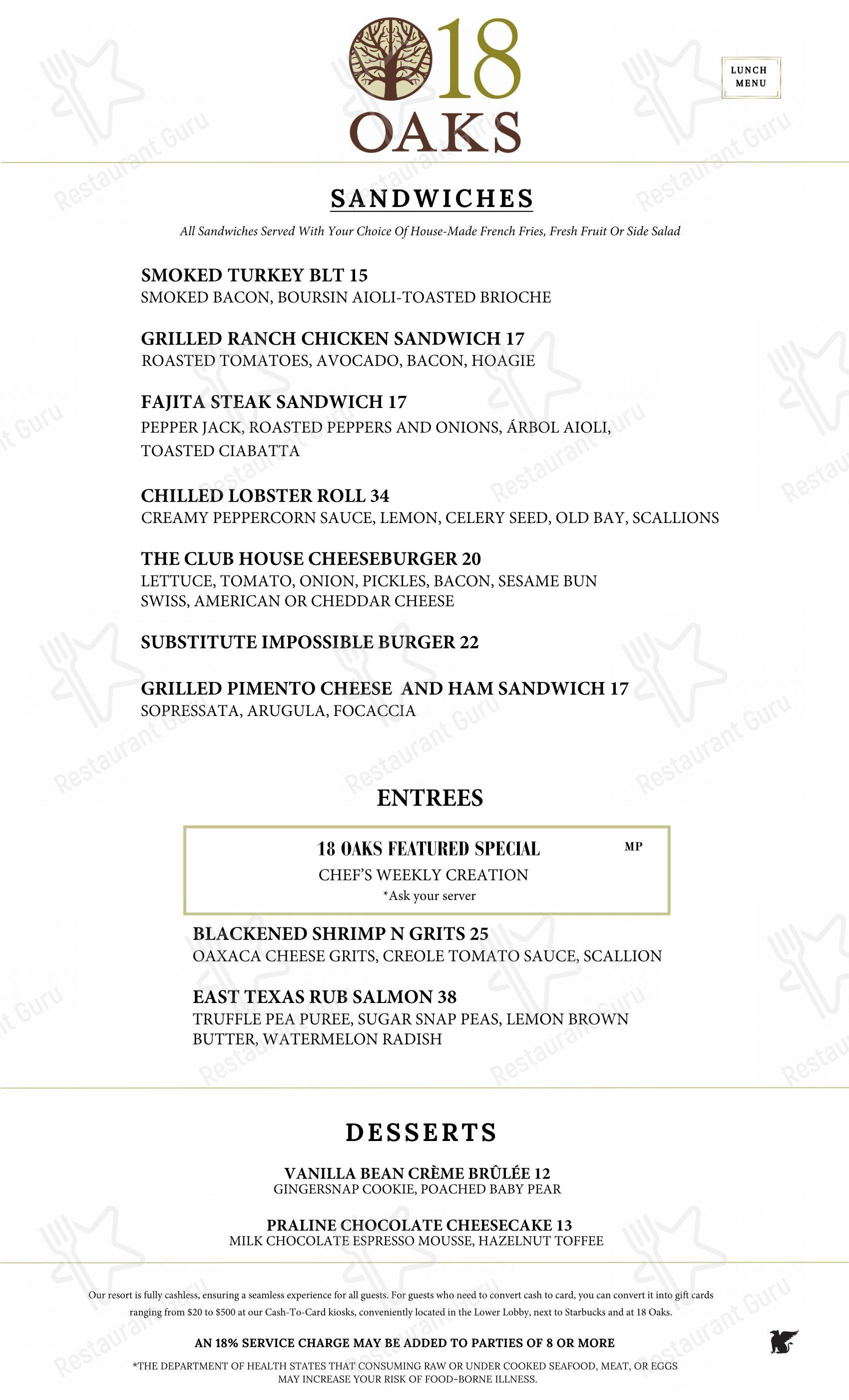 Menu at 18 Oaks steakhouse, San Antonio, Resort Pkwy