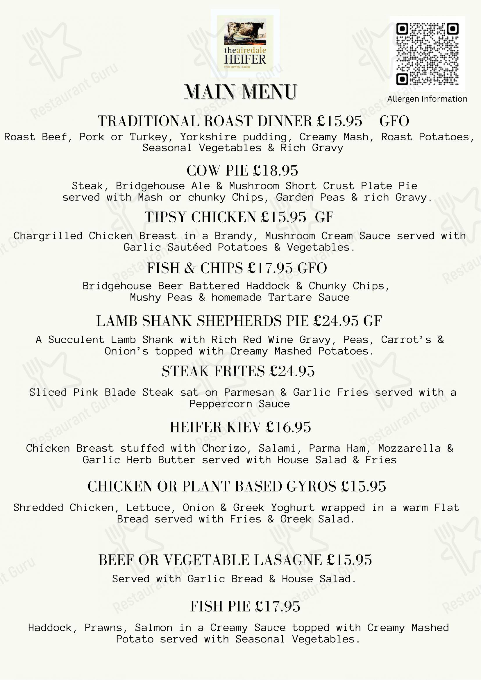 Menu at Airedale Heifer pub & bar, Keighley, Bradford Road