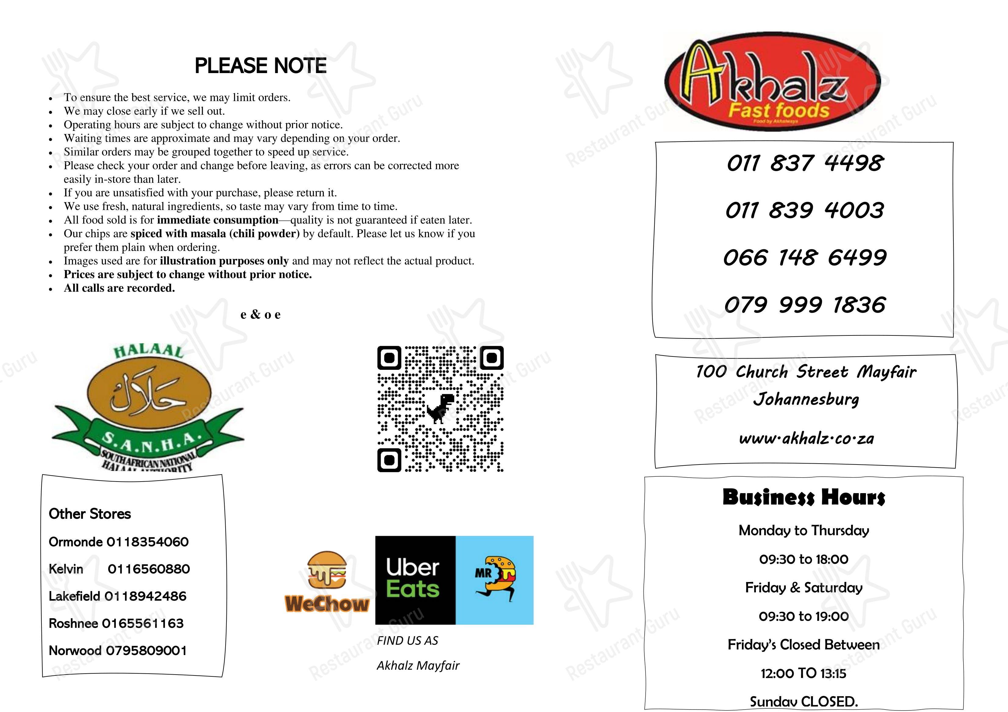 Menu at Akhalz Mayfair restaurant, Johannesburg, 100 Church St