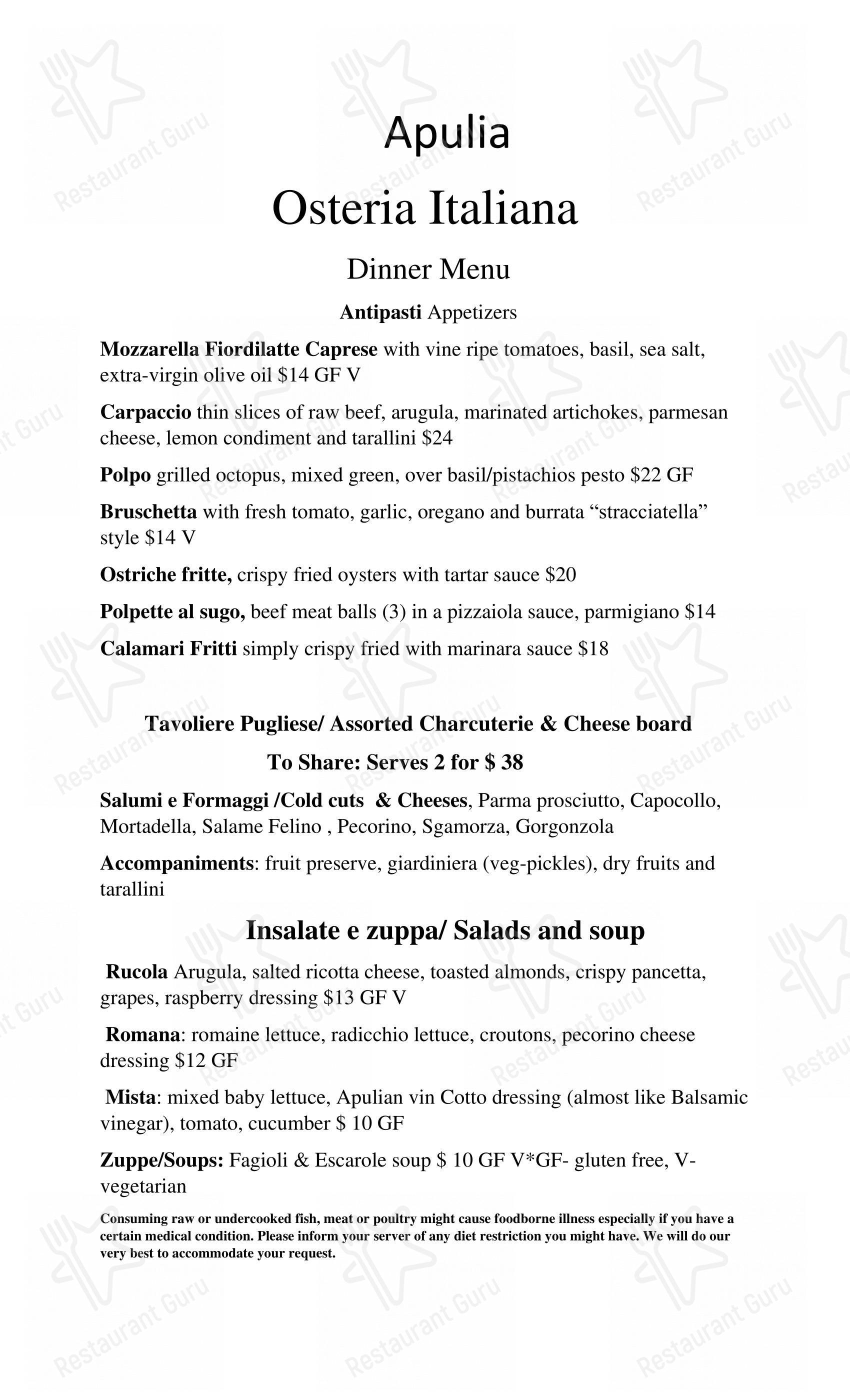Menu at Apulia Osteria Italiana pub & bar, Placida, Placida Rd #15