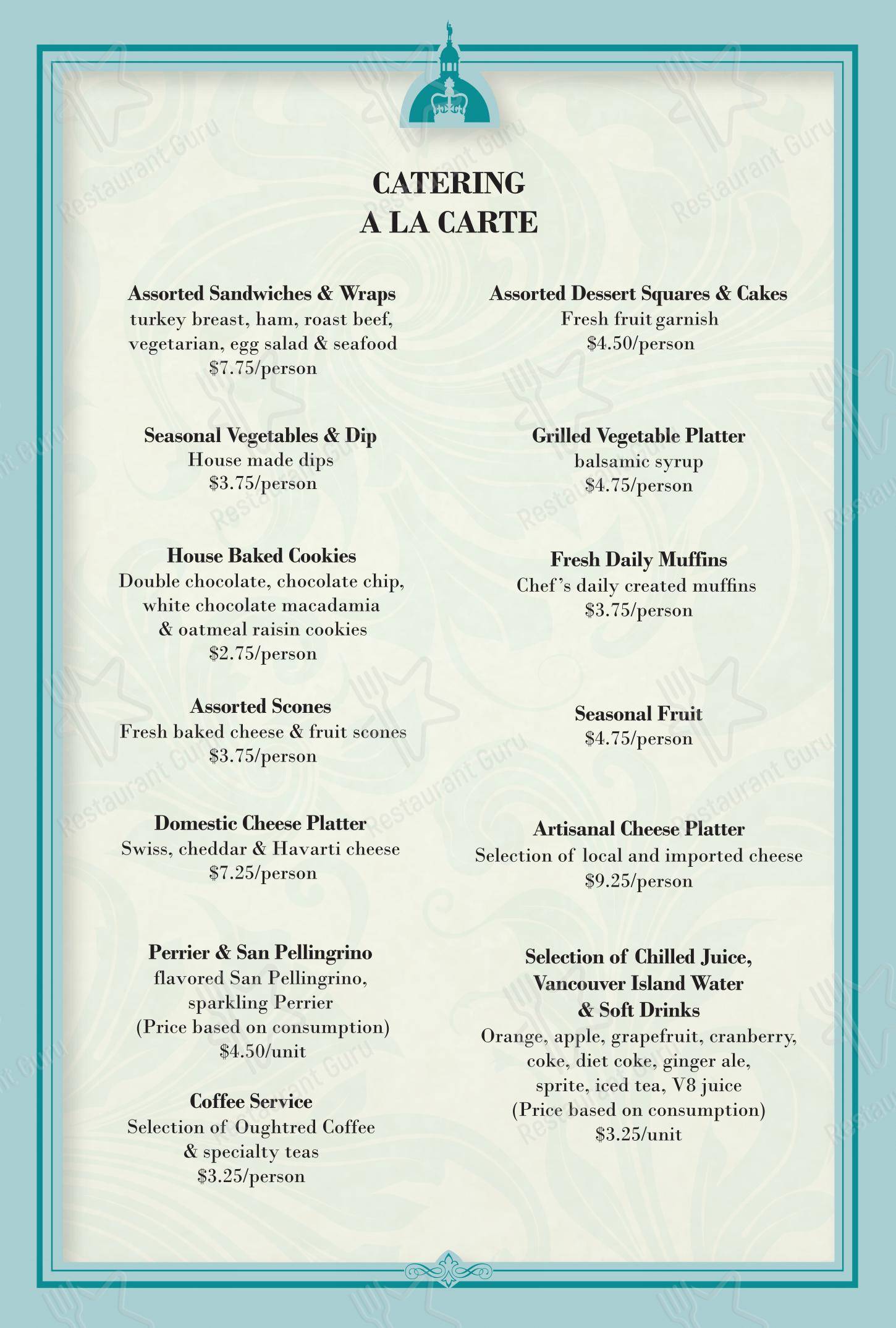 Menu at BC Legislative Dining Room restaurant, Victoria
