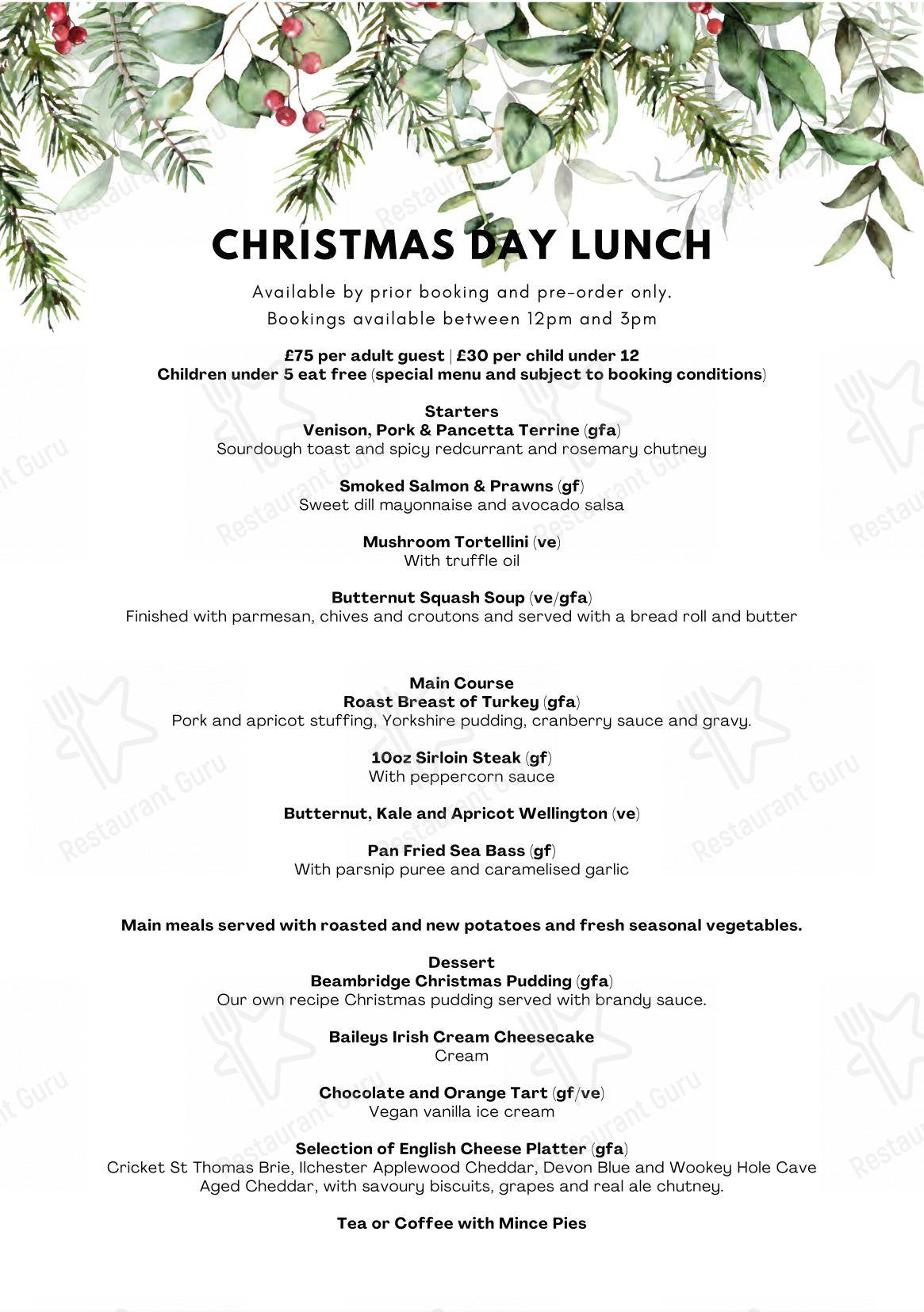 Menu at Beambridge Inn pub & bar, Wellington
