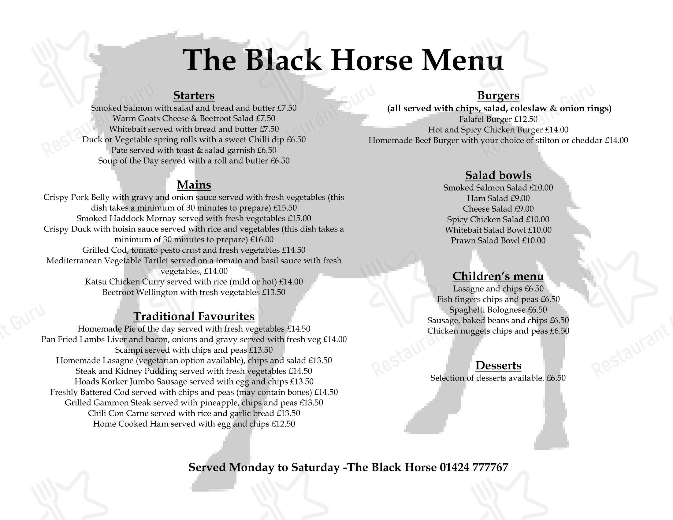 Menu at Black Horse pub & bar, Battle