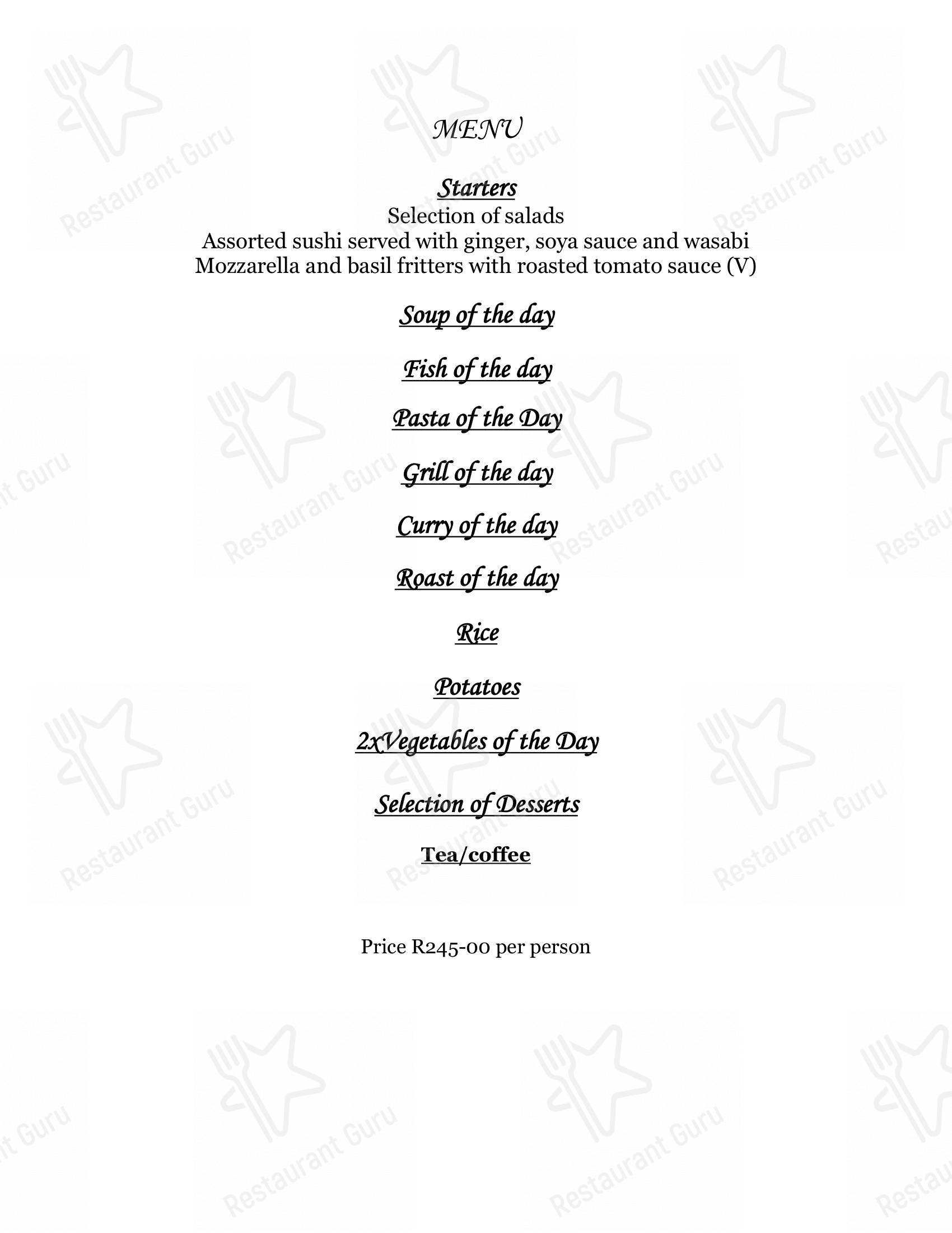Menu at Blue Waters Hotel pub & bar, Durban